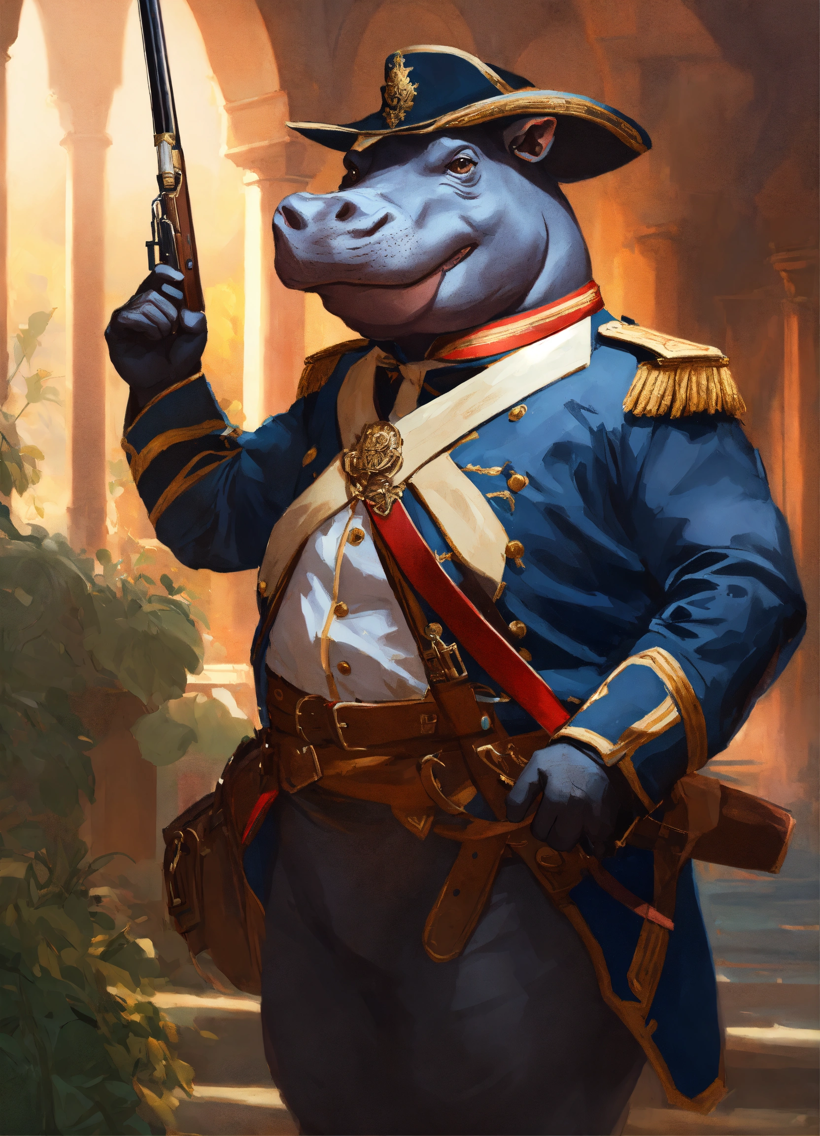 Lexica - Hippo man with a musket, in old colonial military uniform ...