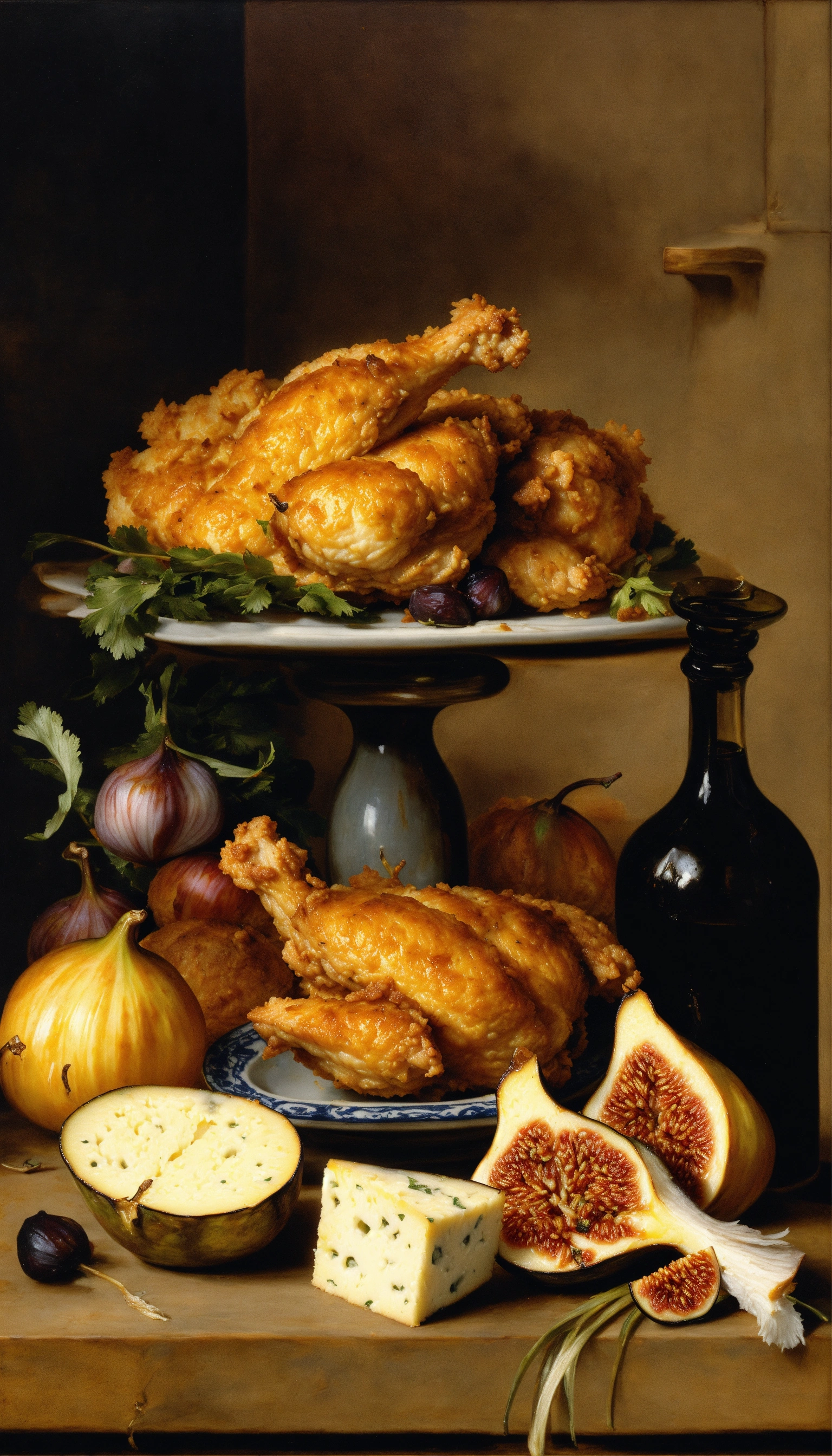 Lexica - Still life with fried chicken, cheeses, onions and figs by ...