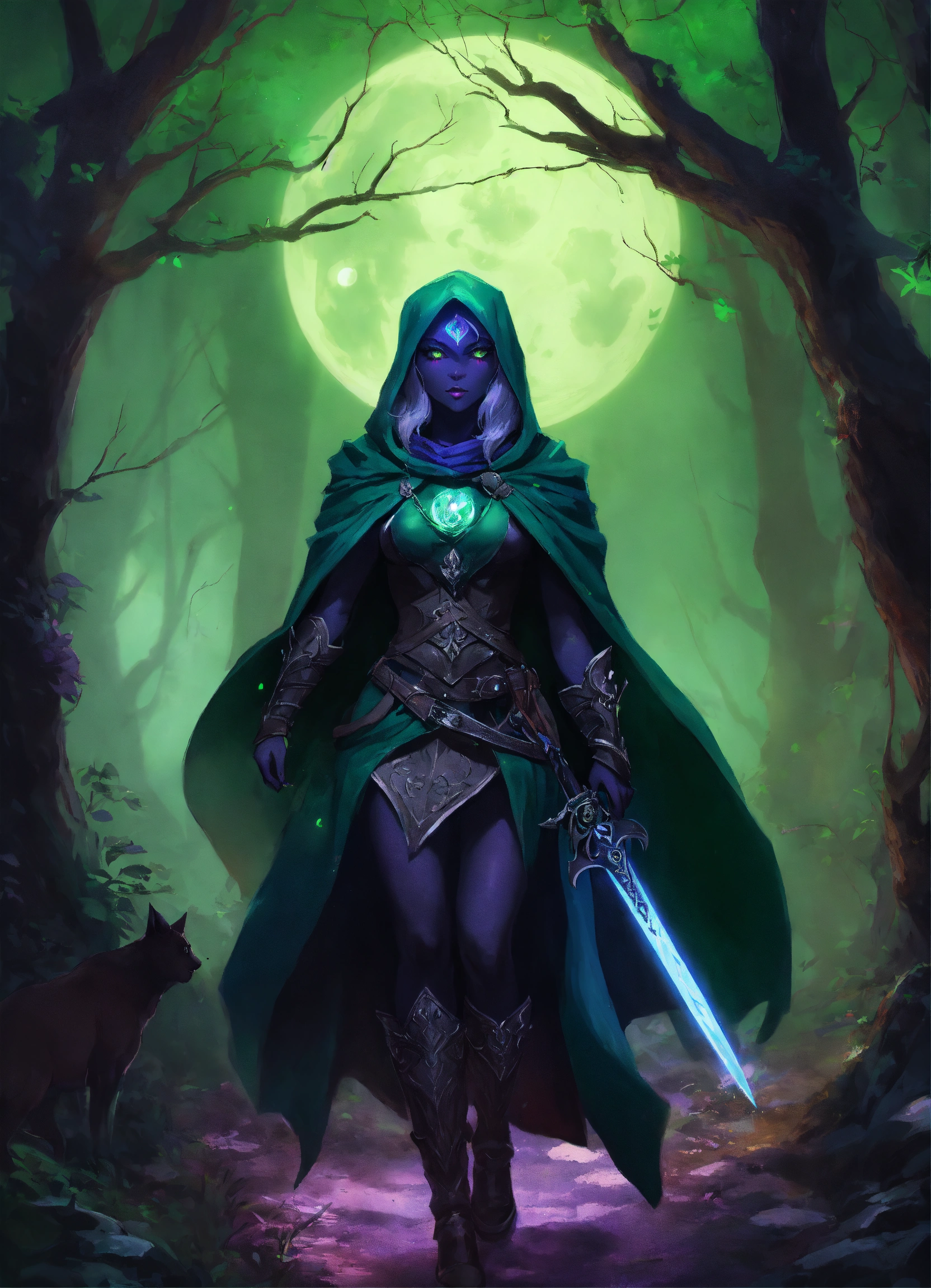 Lexica - Shadow dark female drow, green glowing eyes, with dark purple ...