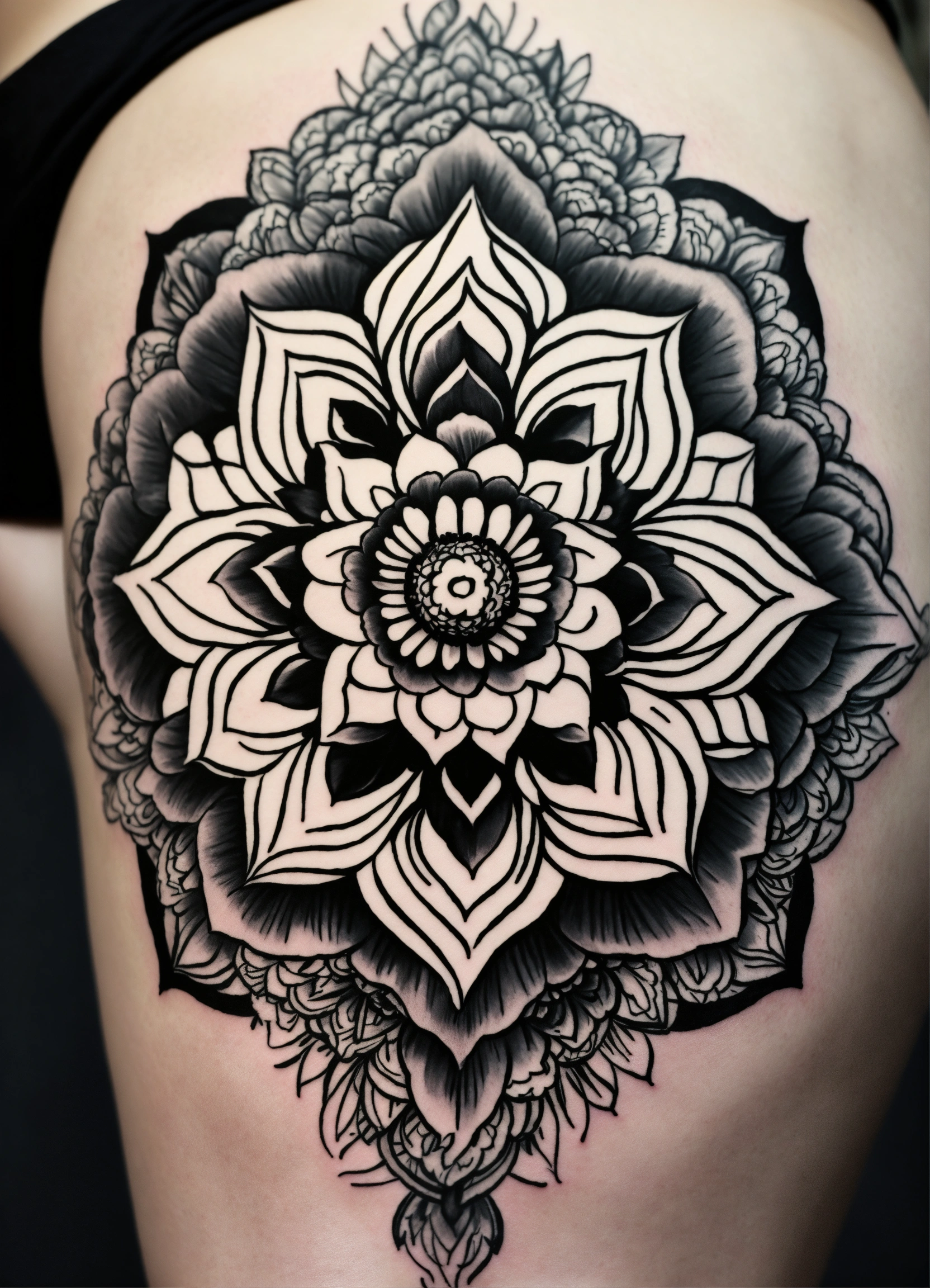 Lexica - Black grey peonies mandala abstract thigh tattoo woman