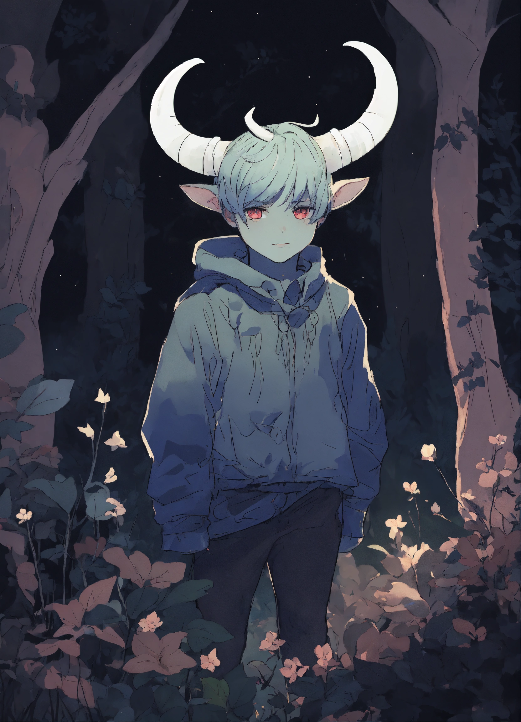 Lexica - Small demon boy with small horns , in a forest at night ...