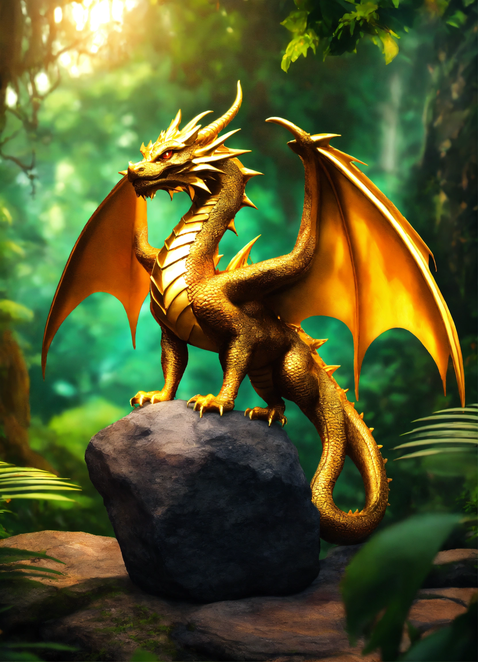 Lexica - Create a cute gold and fire dragon Sitting on a rock in a ...