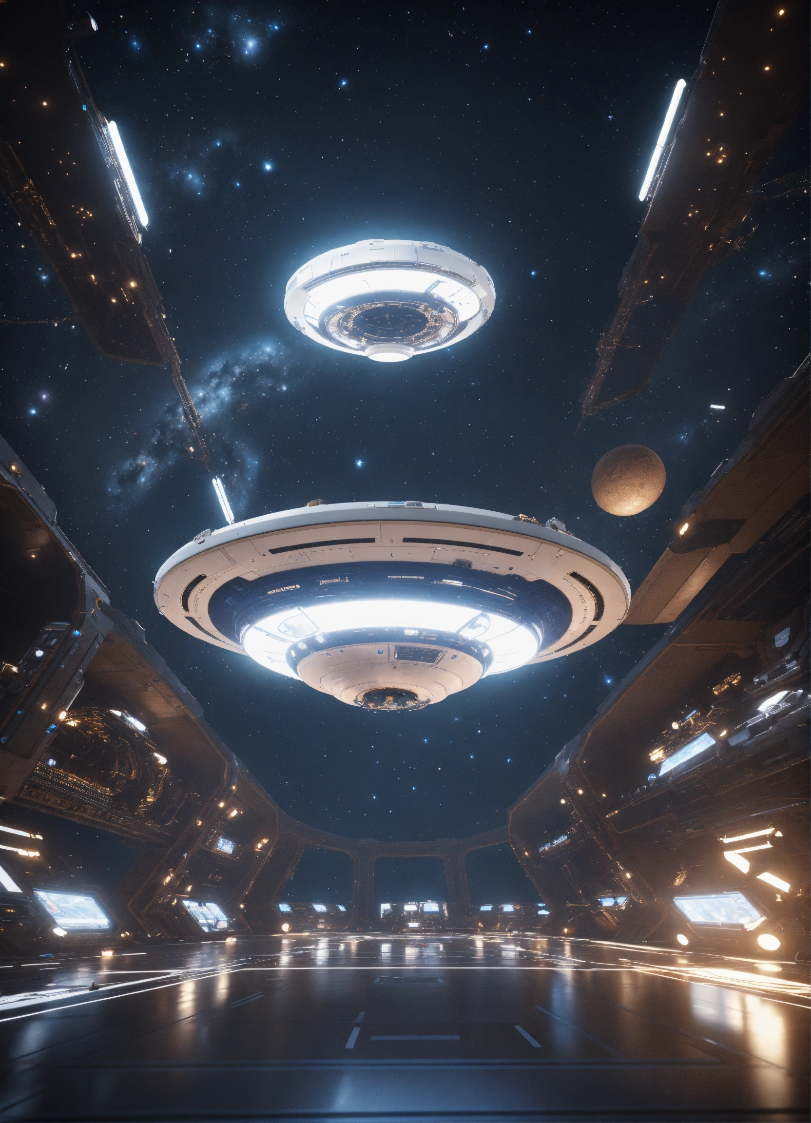 Lexica - Beautiful white disc shaped spaceport hub flying floating in ...