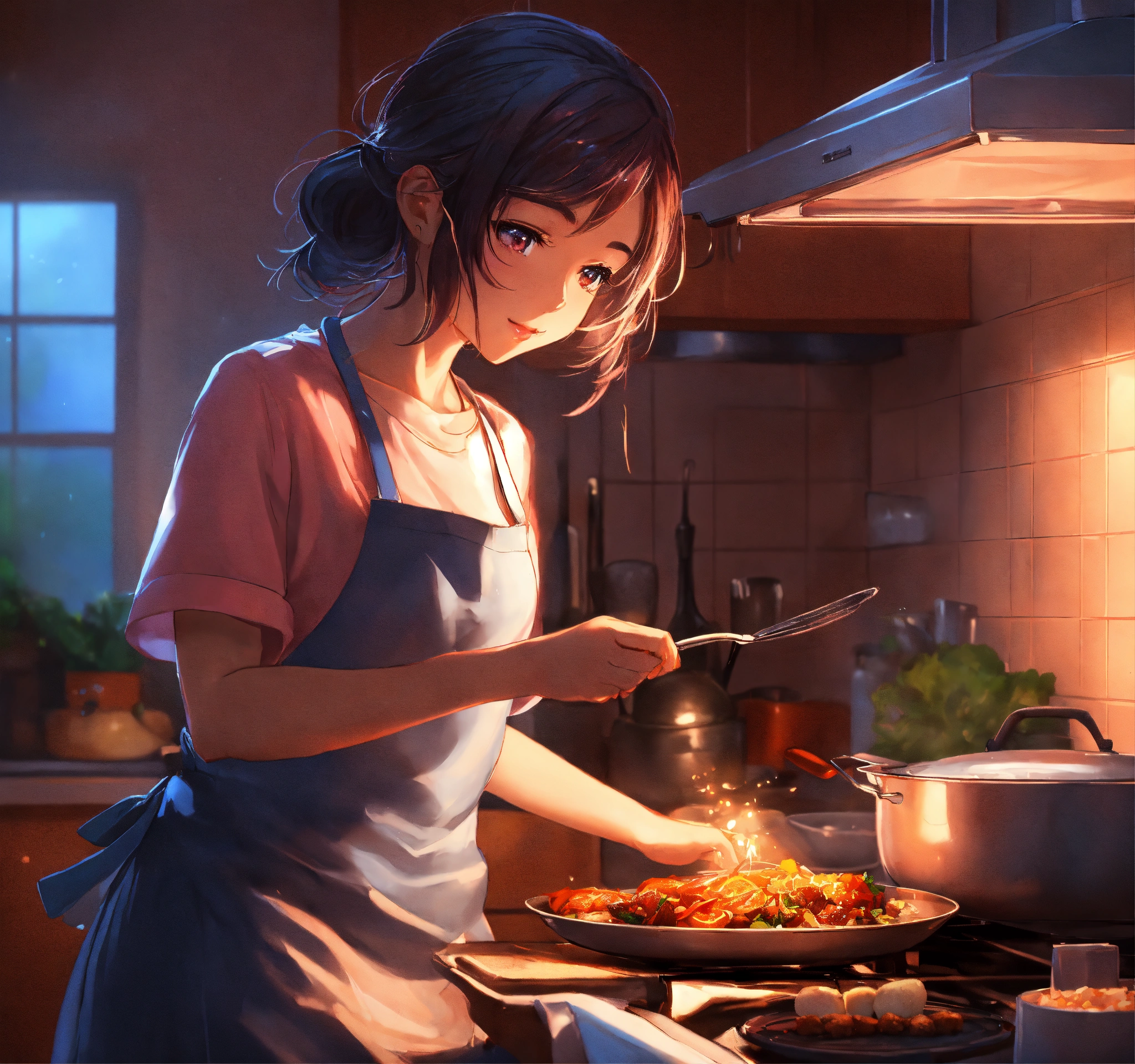Lexica - A cute anime lofi girl cooking dinner at home during the night ...