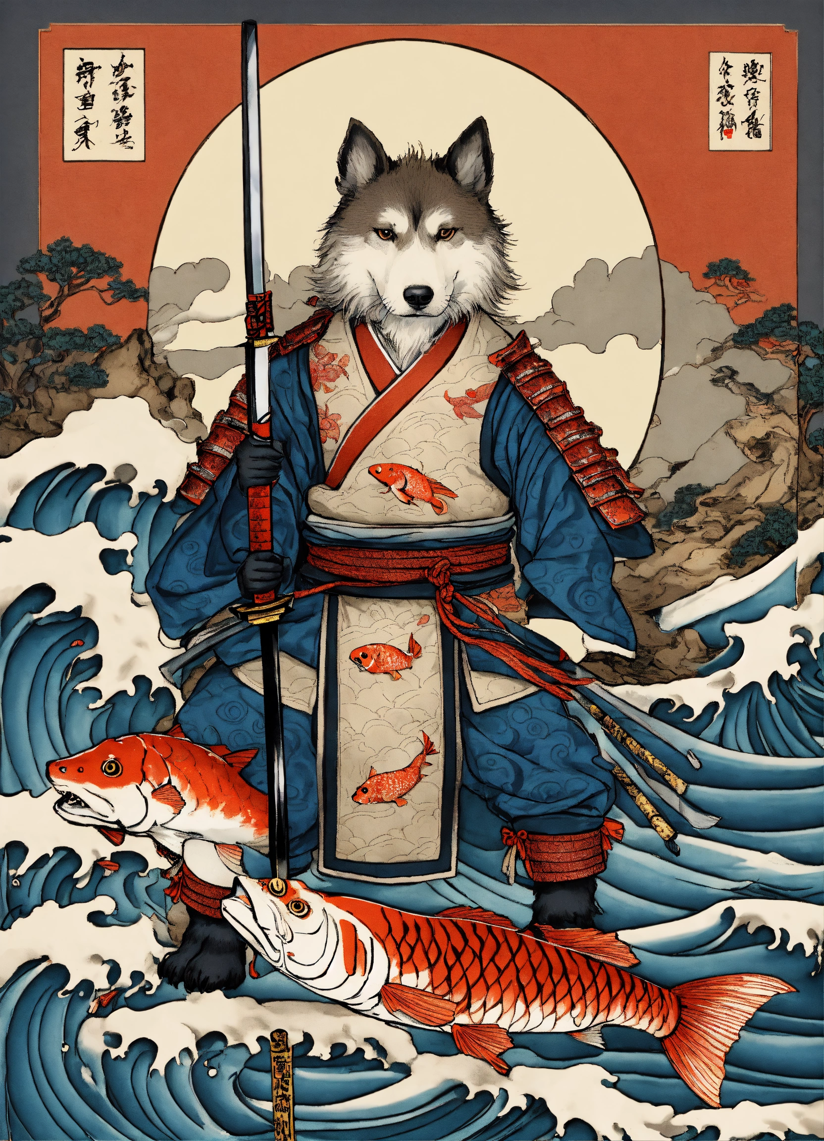 Lexica - There is a dog with a fish and a sword on a white background ...