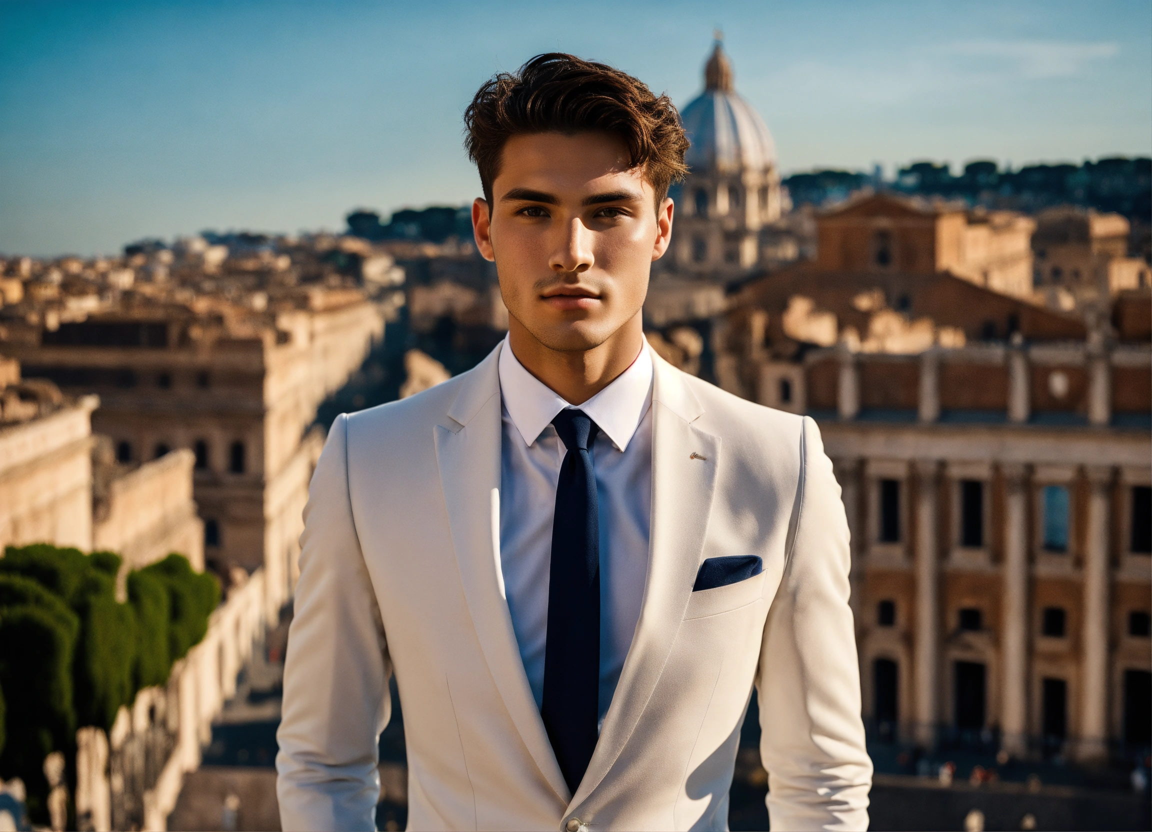 Lexica - Photo of one young male model in whiteclothes looking to the ...