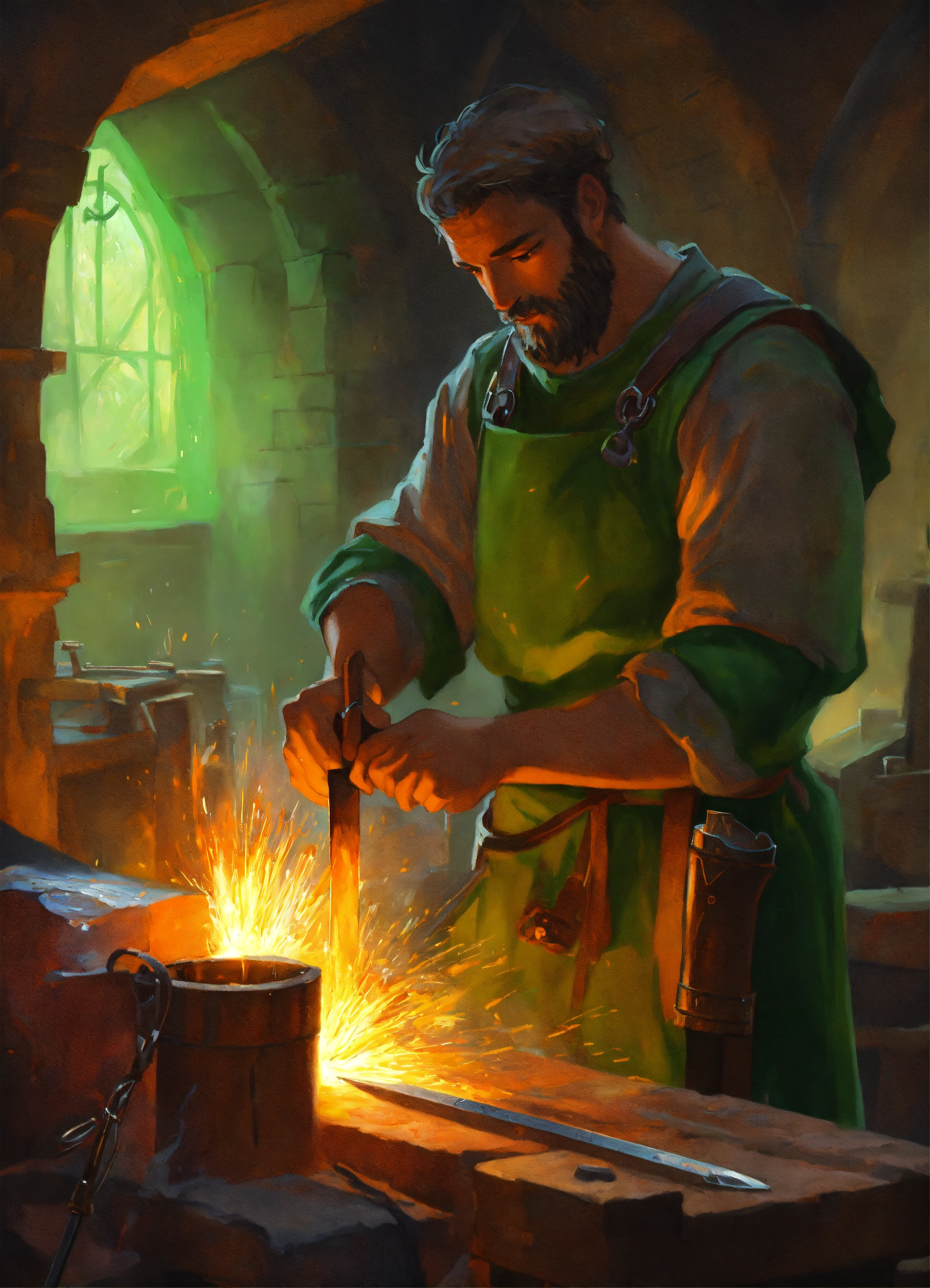 Lexica - Fantasy painting of Medieval Blacksmith, forging a green ...