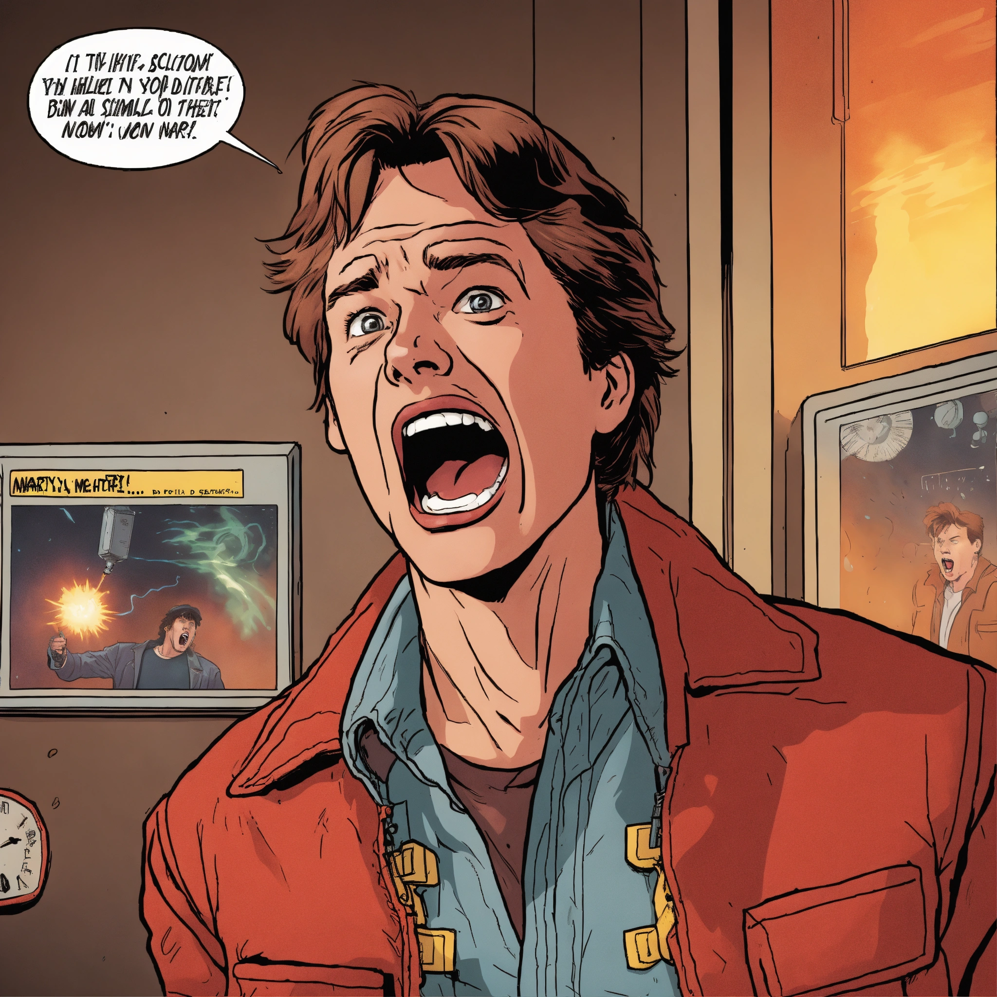 Lexica - A single comic strip with Marty McFly screaming Doc, dramatic ...