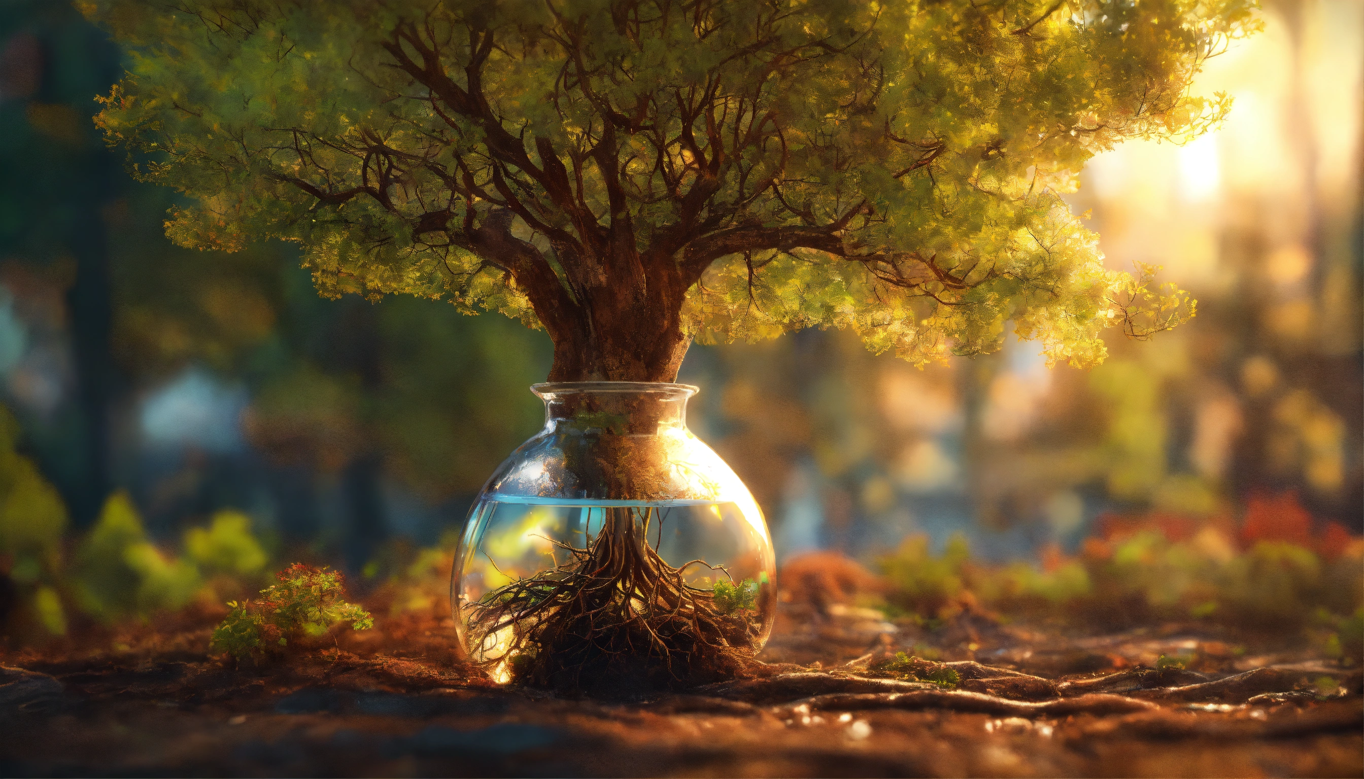 Lexica - Indepth Detailed, minute details, I can see tree roots underneath a glass, dreamlike ...