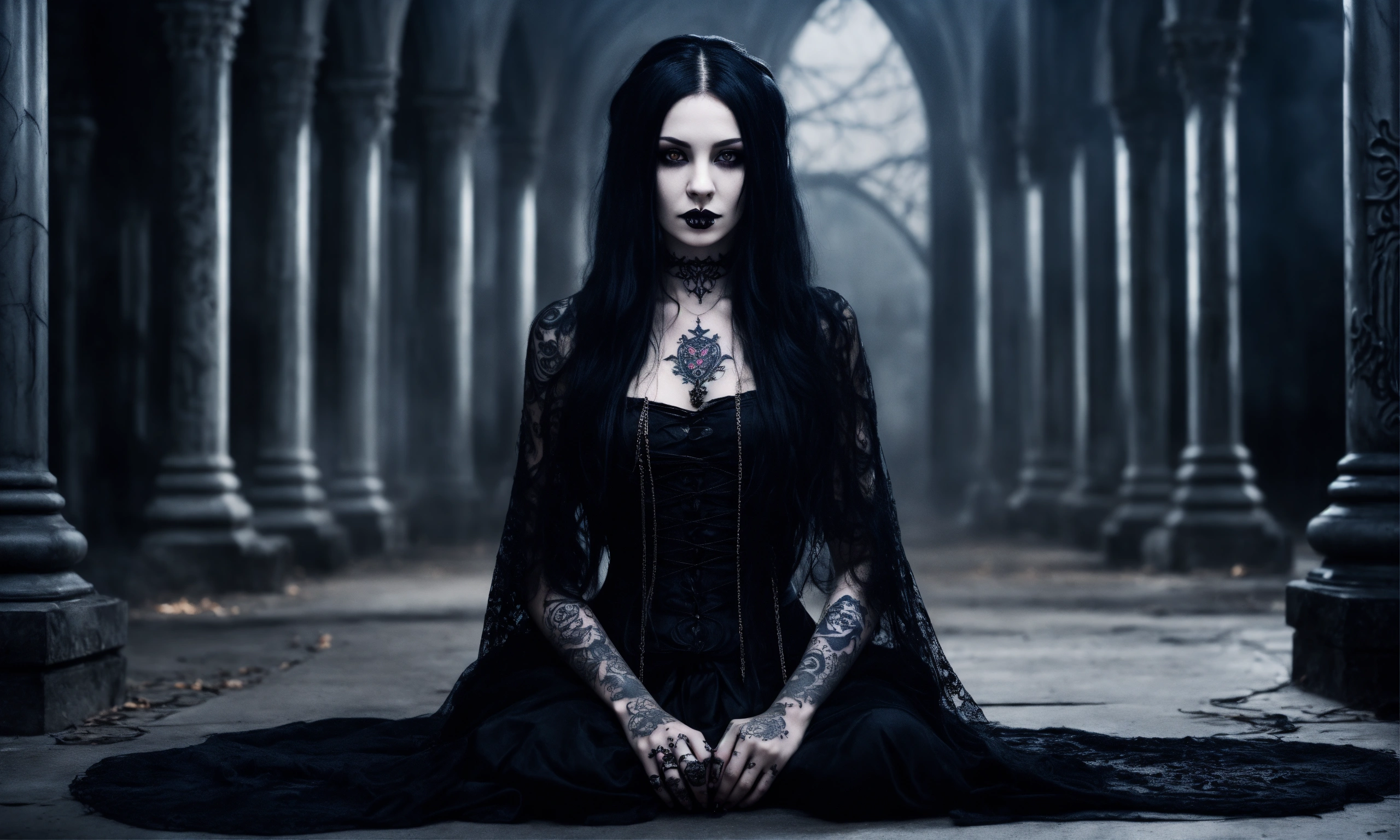 Lexica - A scary girl, full body, pale skin, long crazy black hair ...
