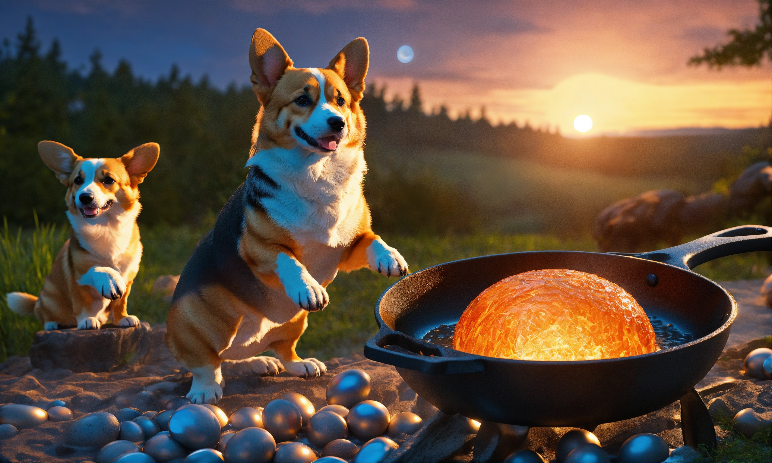 Lexica - 3D image of 2 prehistoric corgi dogs frying a dragon egg in a ...