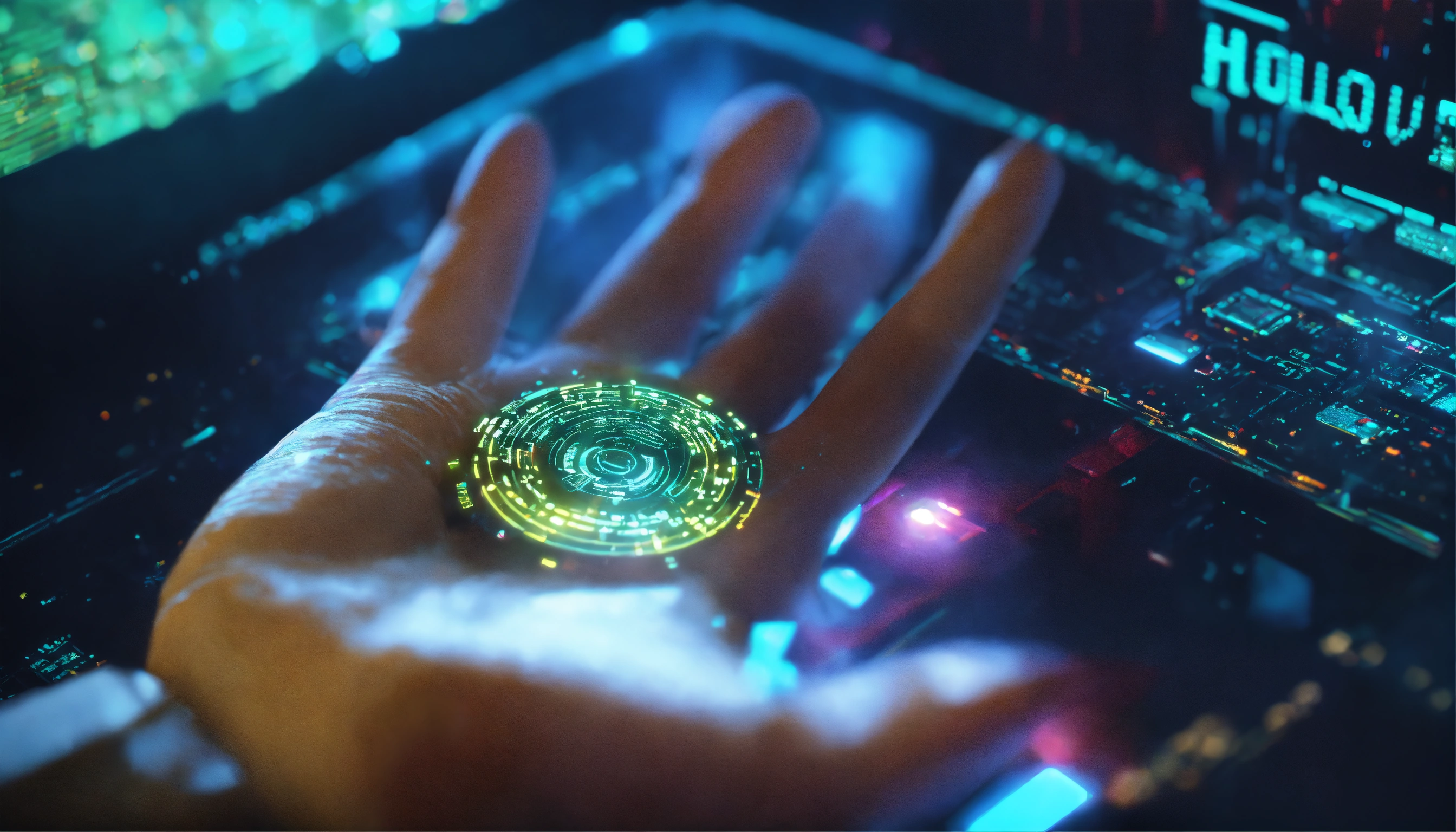 Lexica - Digital hologram code shines from the hand, cyberpunk style ...