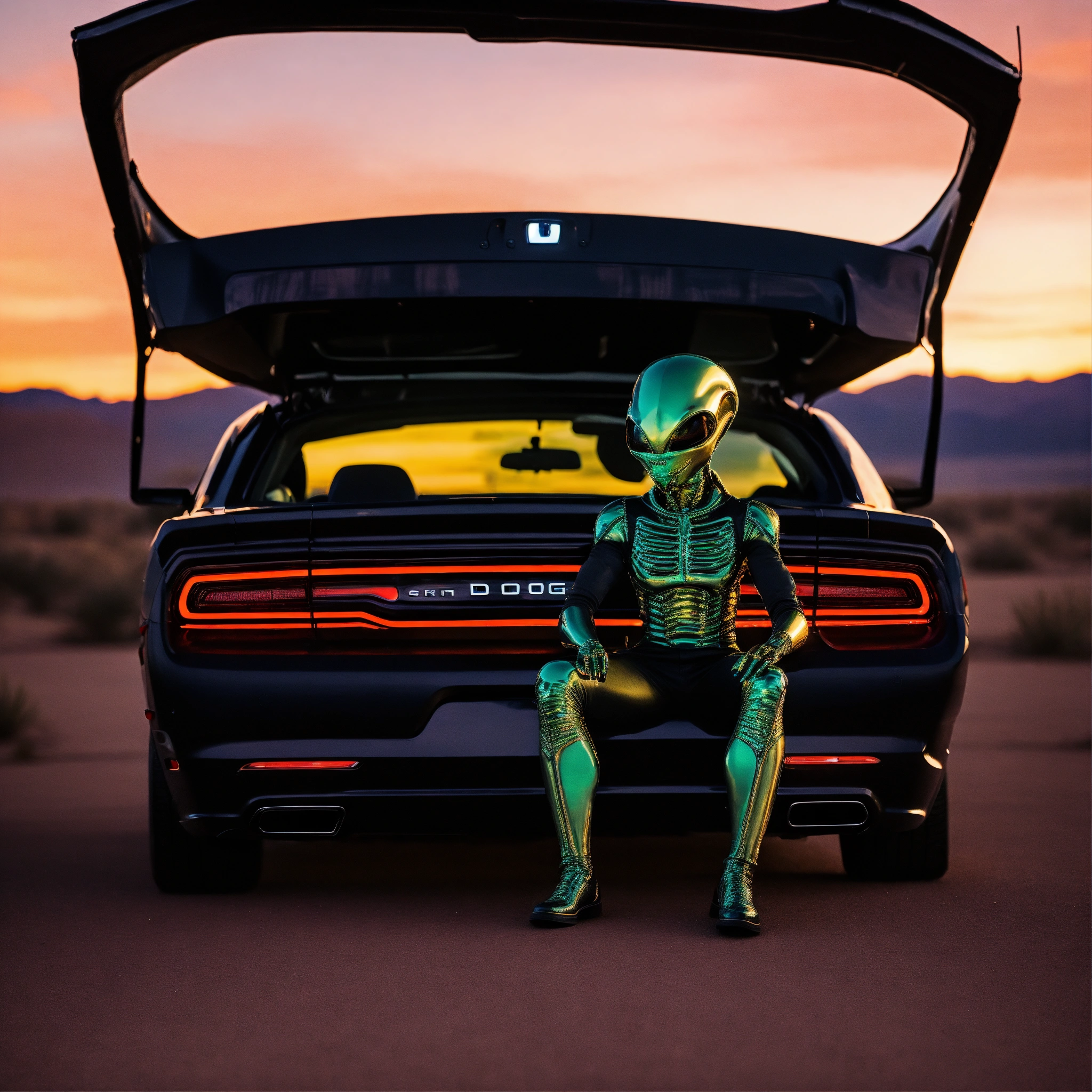 Lexica - Very creepy realistic alien sitting inside black dodge charger ...