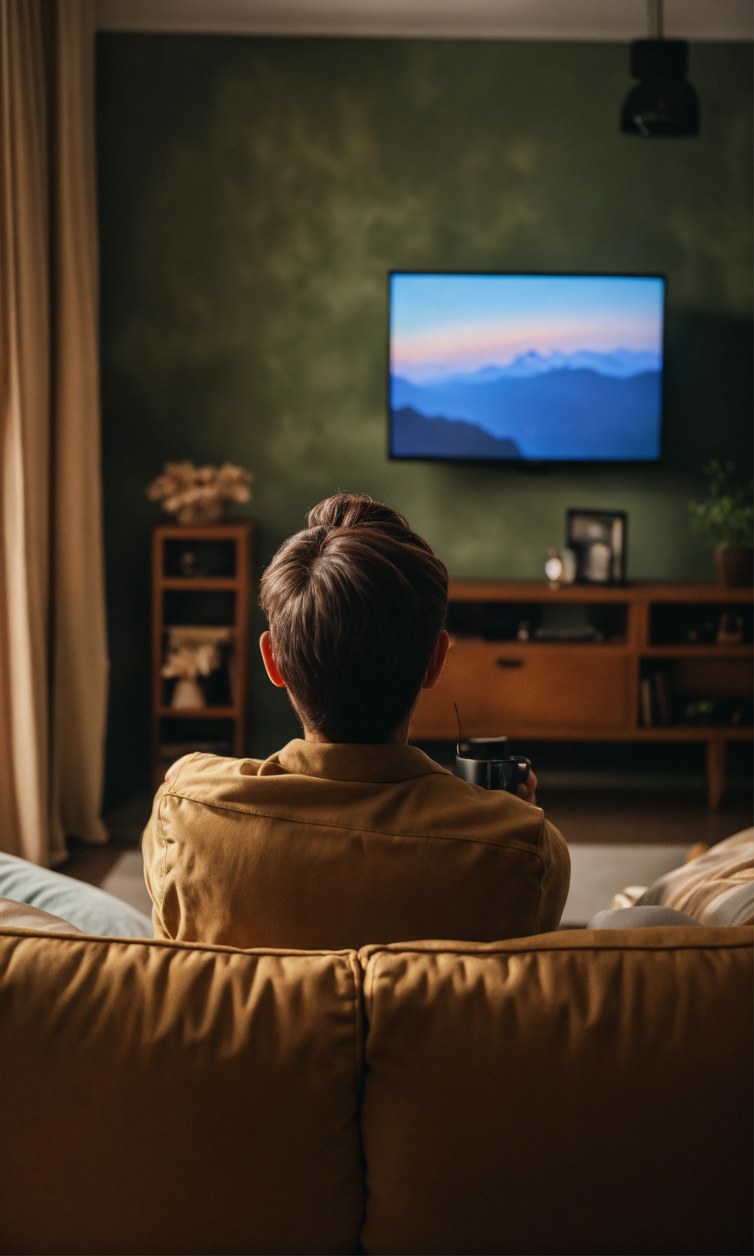 Lexica - A happy and content person watching a TV with peaceful images ...