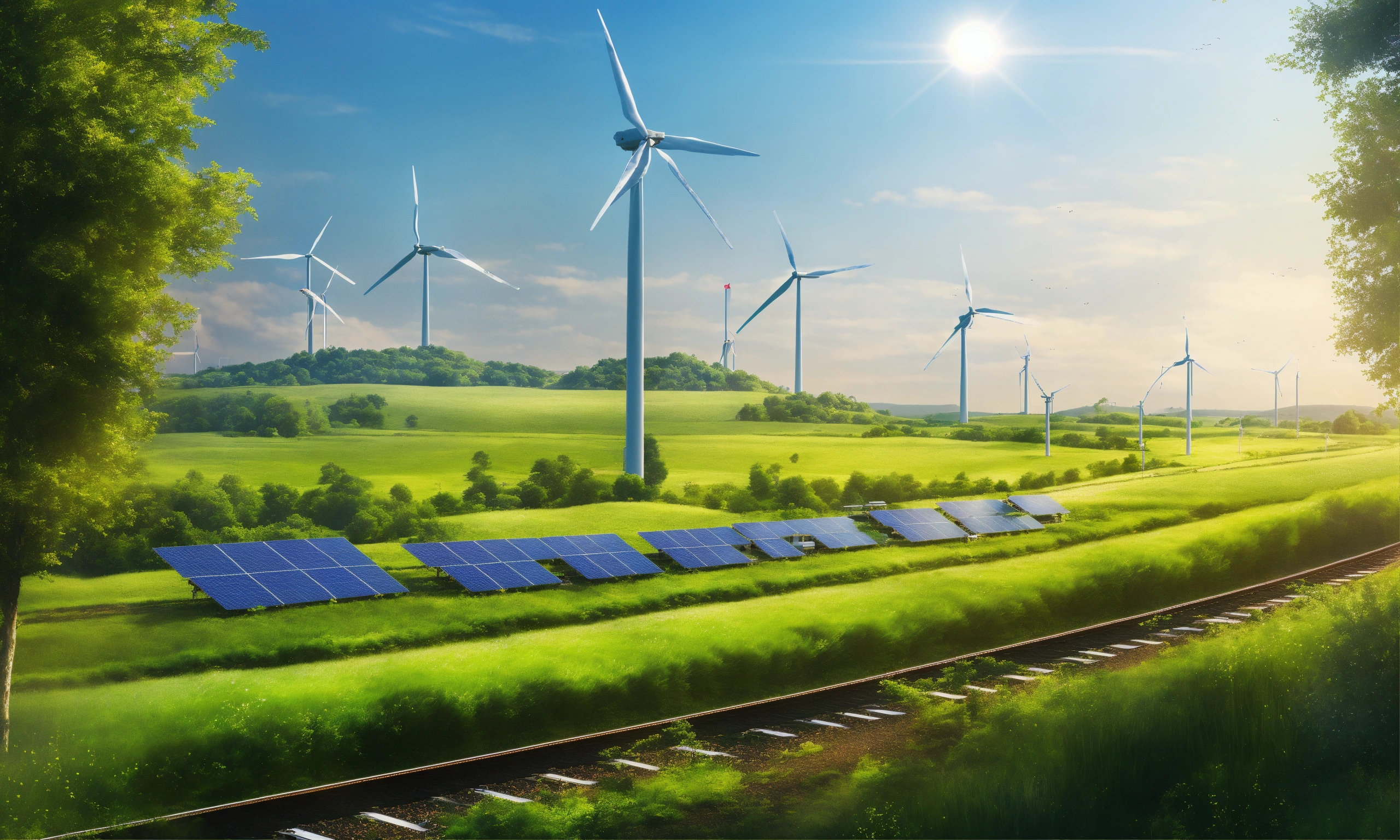 Lexica - Landscape with green landscape, blue sky, some wind turbine ...