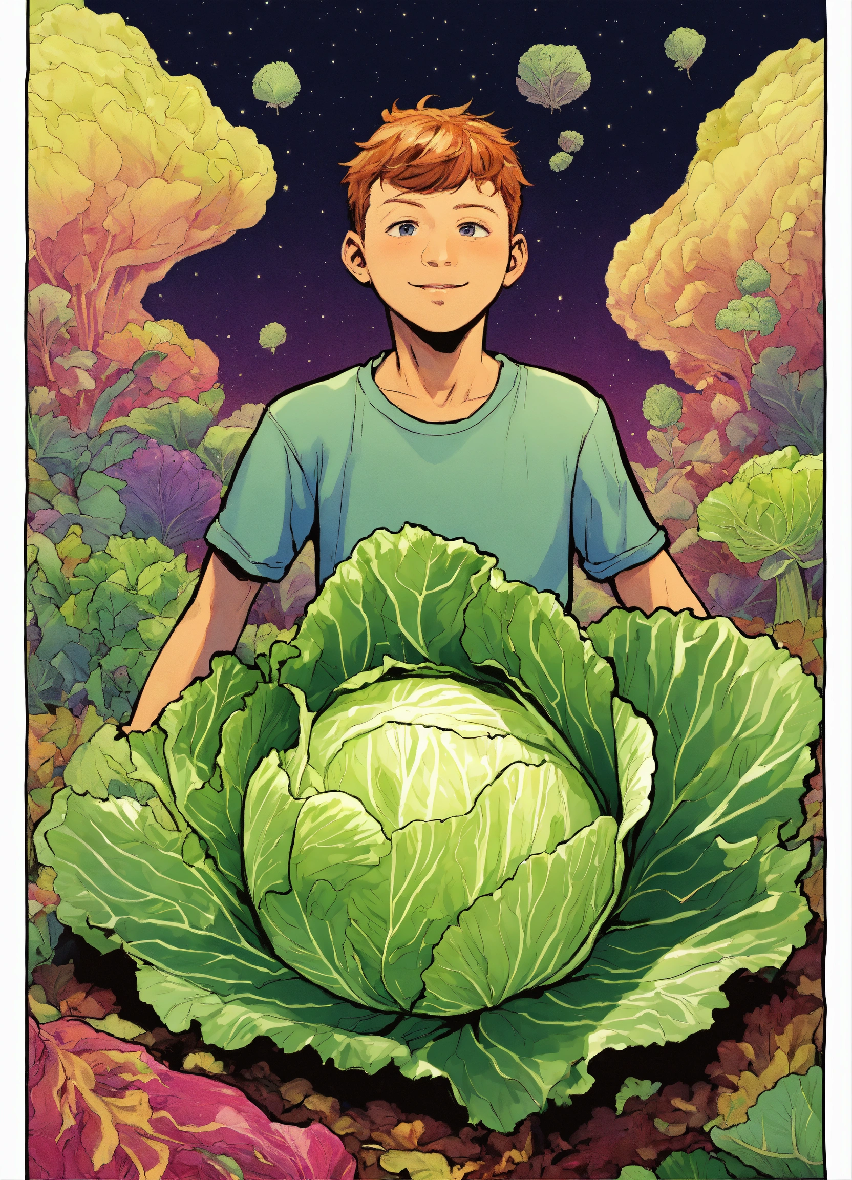 Lexica - A boy get into the cabbage. comics, psychedelic background