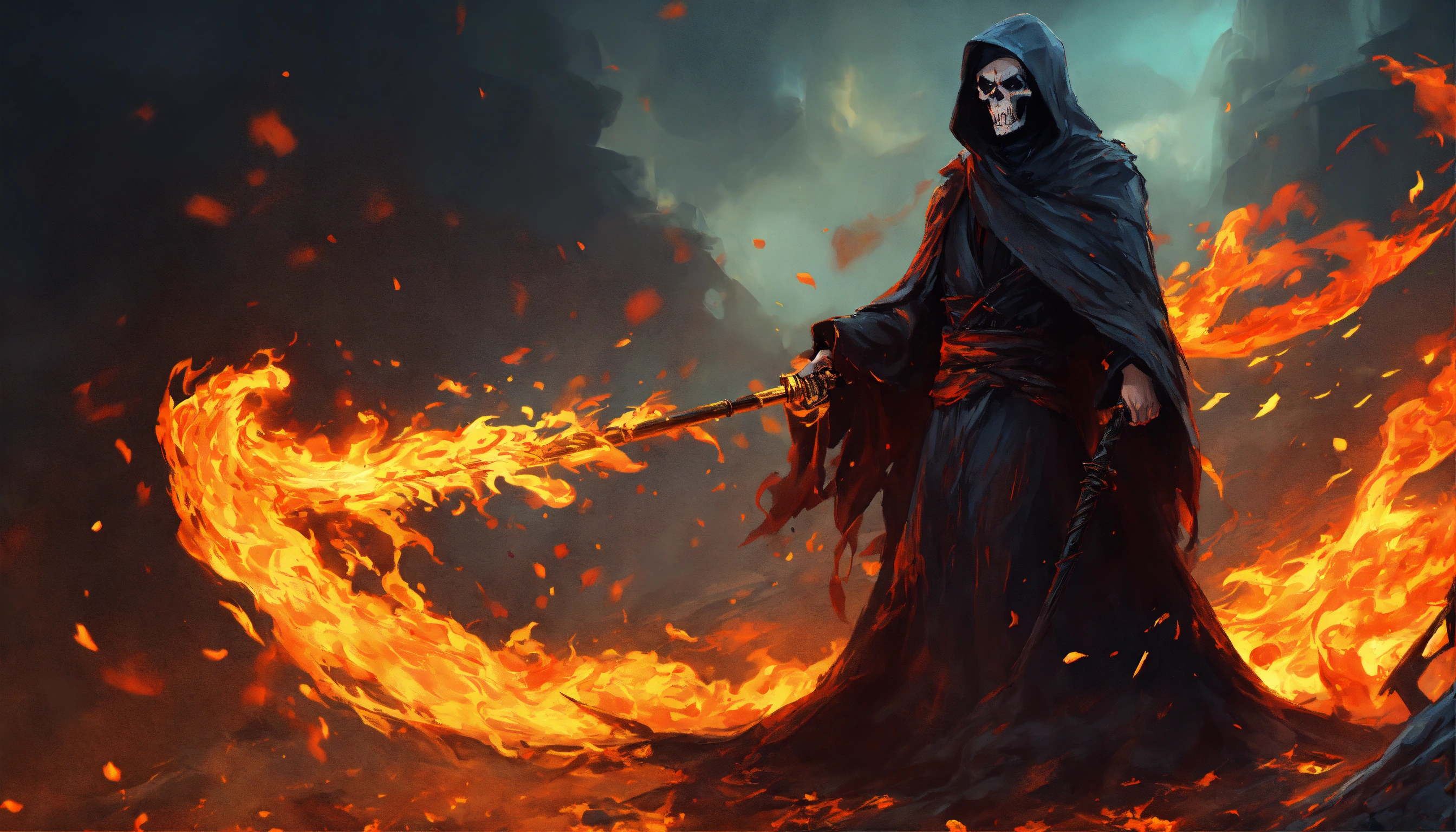 Lexica - Menacing grim reaper with flaming scythe, tattered flowing ...