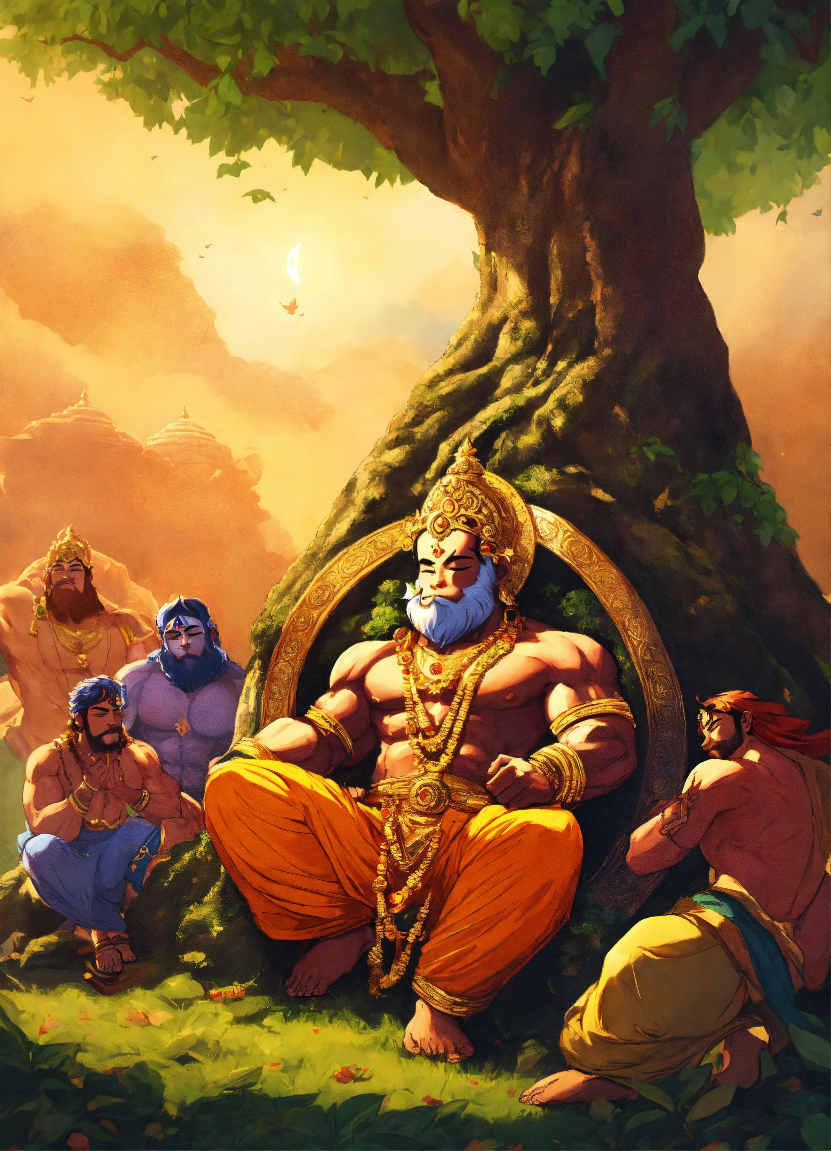Lexica - Lord Hanuman sleeping under a Tree and all Avengers trying to ...