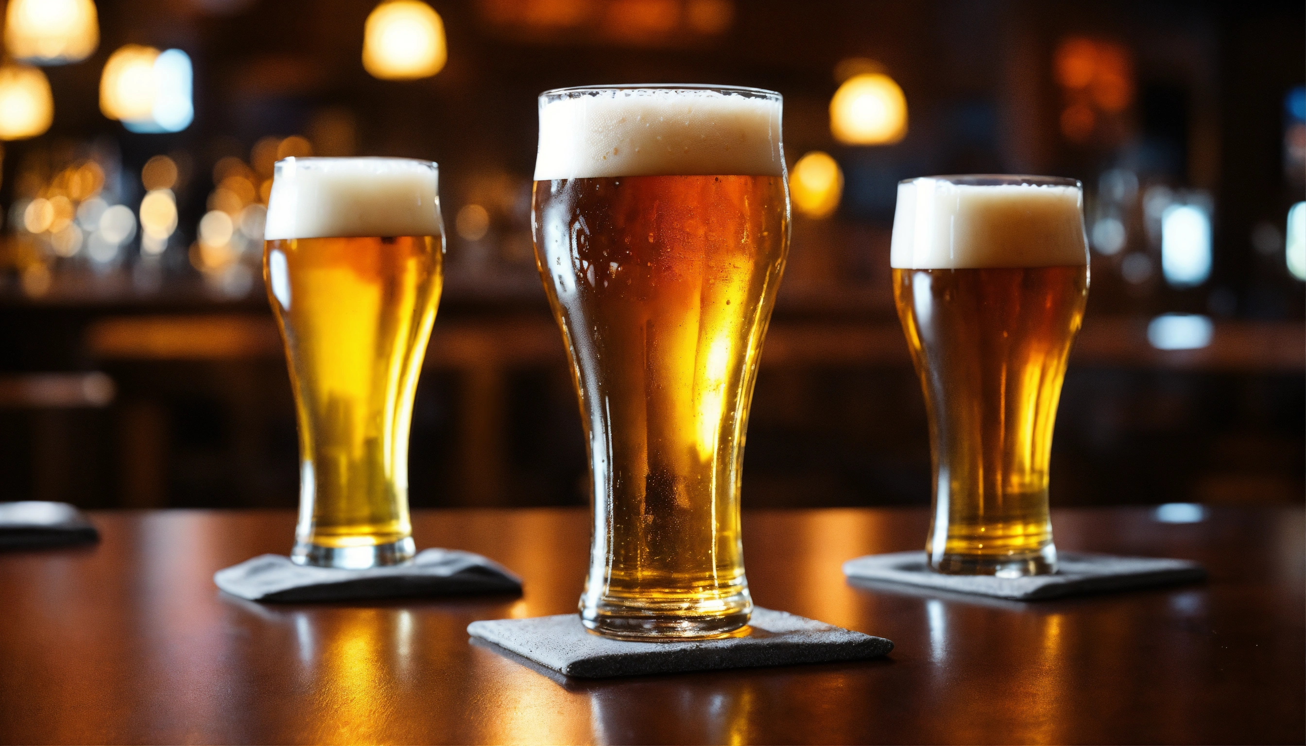 Lexica - Glasses of beer, dark mood, front view, beer bar in background