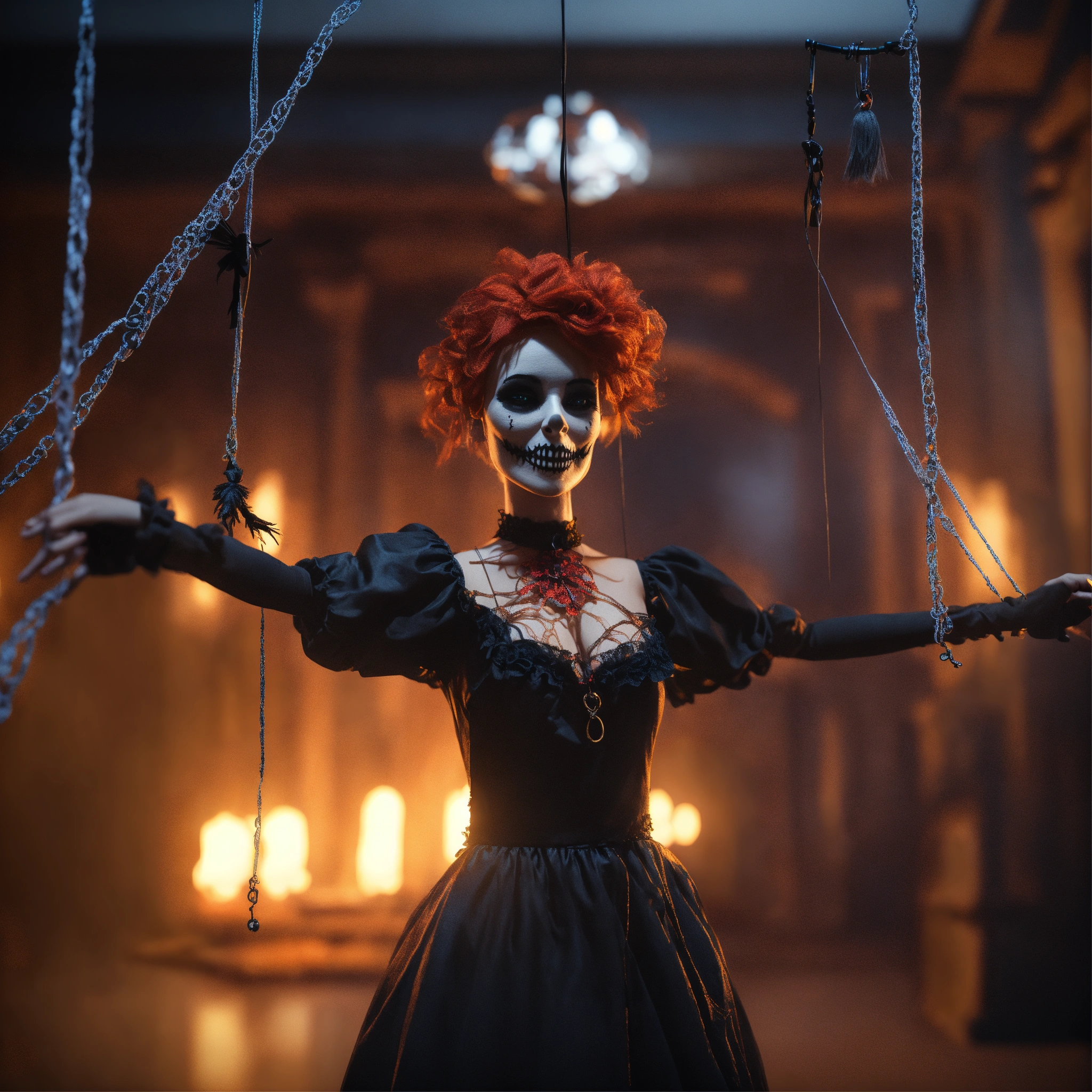 Lexica - Scary woman puppet on strings dancing, halloween, unreal ...