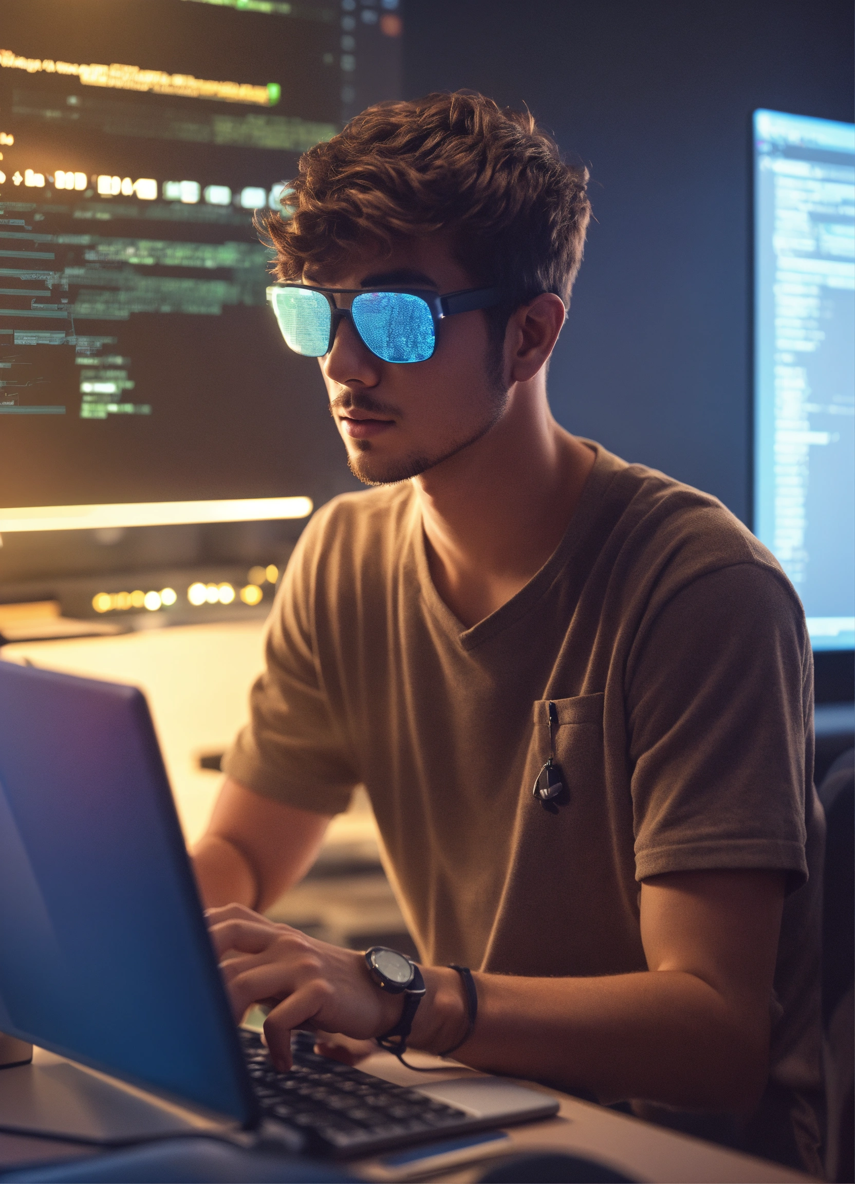 Lexica - Men in his 20s coding on his computer,3d, realistic.