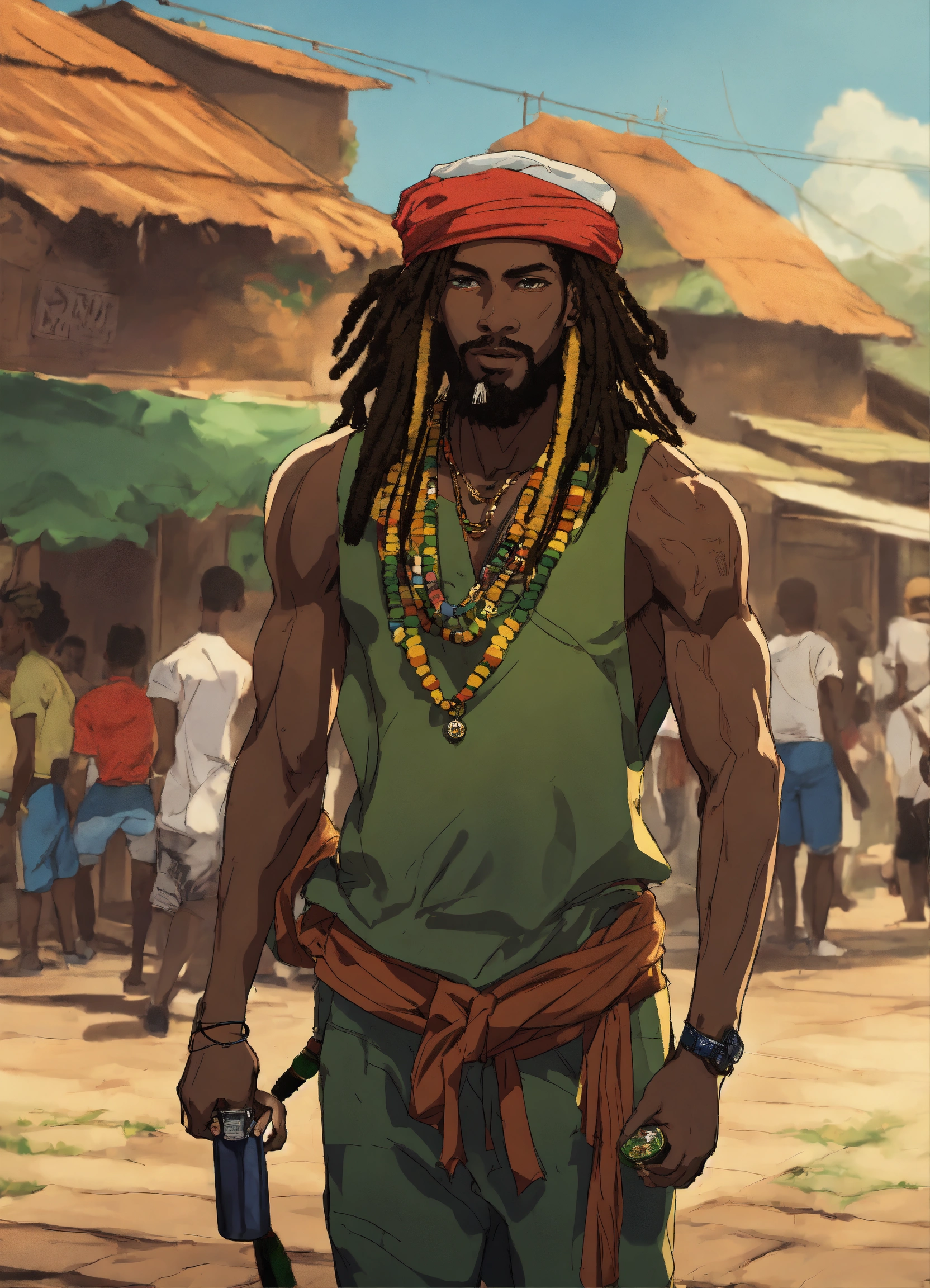 Lexica - A rasta man workout, push ups in an African town center, old ...