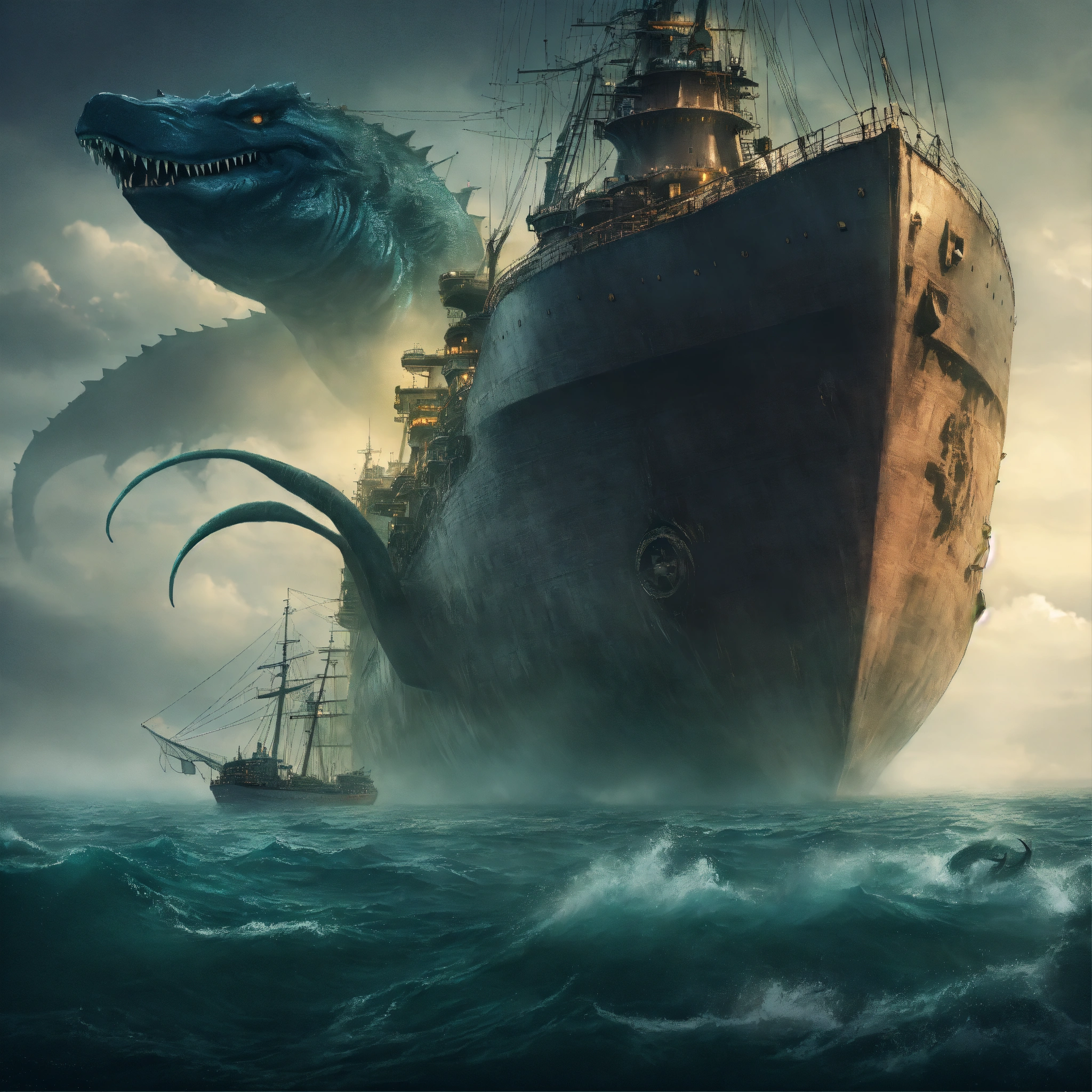 Lexica - Giant sea monster looming over a massive ship, making the ship ...