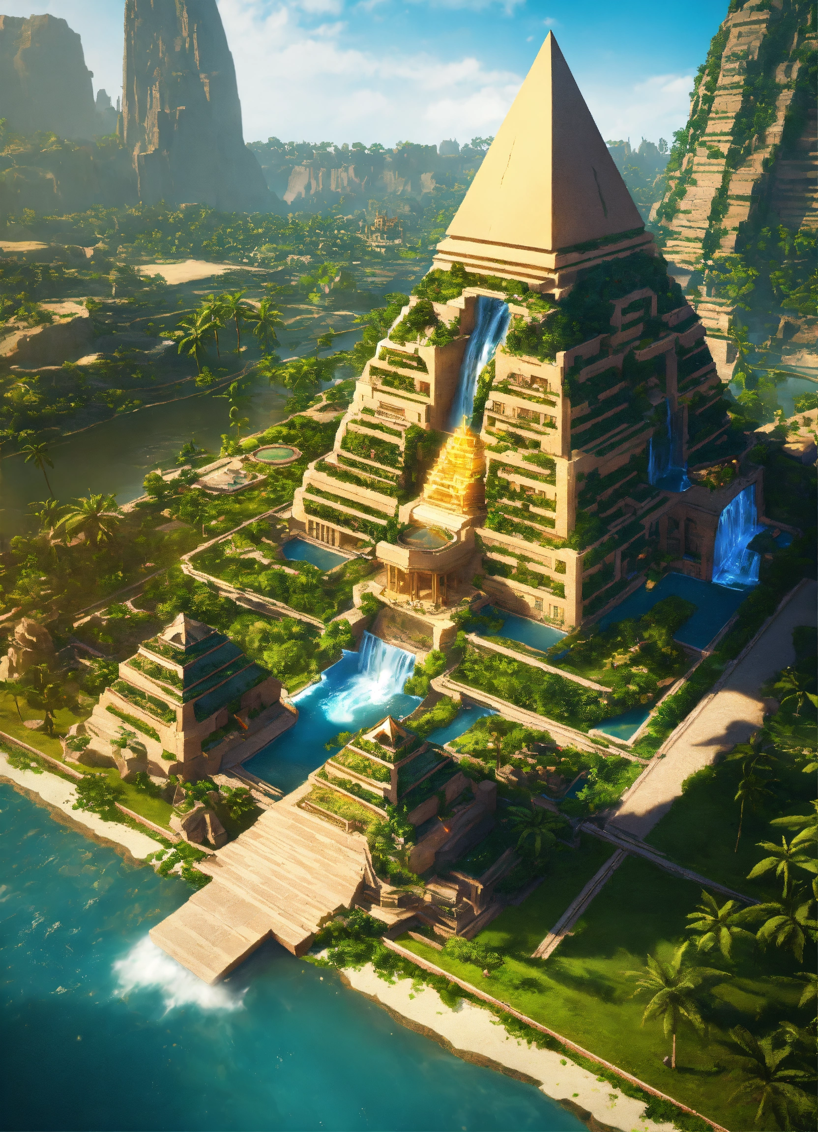 Lexica - Futuristic sandstone pyramid city with gold tops, housing ...