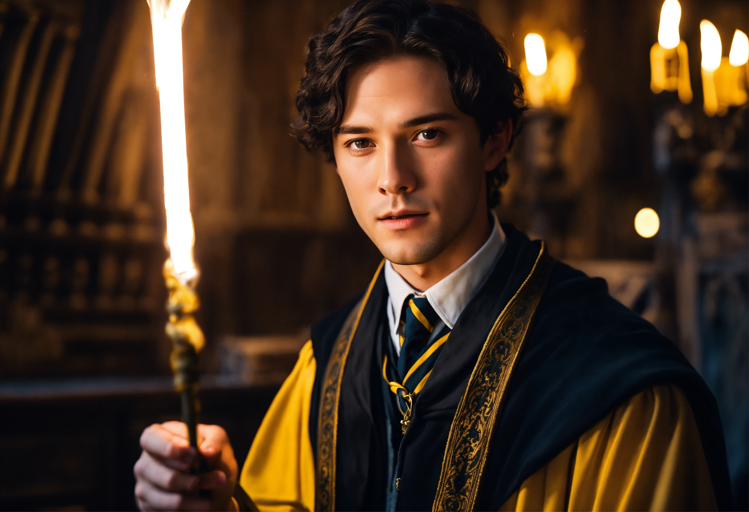 Lexica - Man young wizard, inside Hogwarts with a Magic wand, 2023 year ...