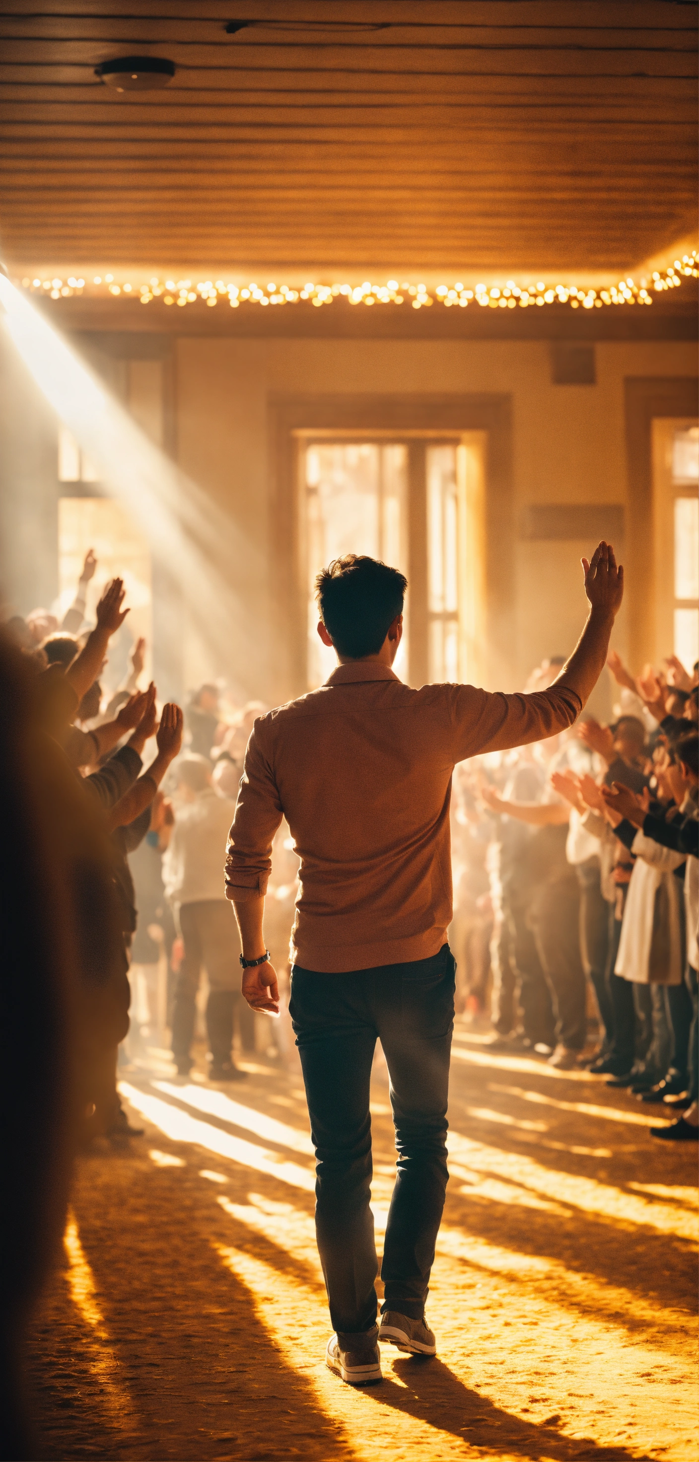 Lexica - A man is walking into a bright hall full of people, everyone ...