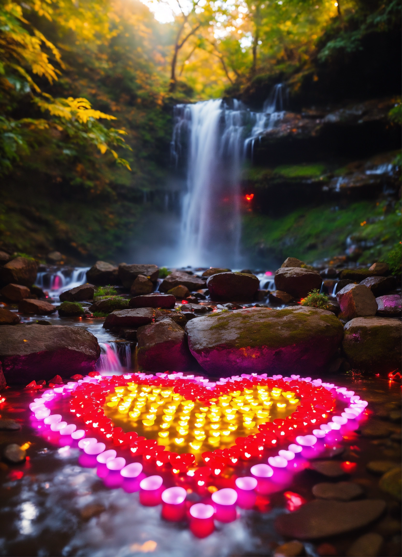 Lexica - Many colourful heart shape setup at waterfalls with lights, 4k ...