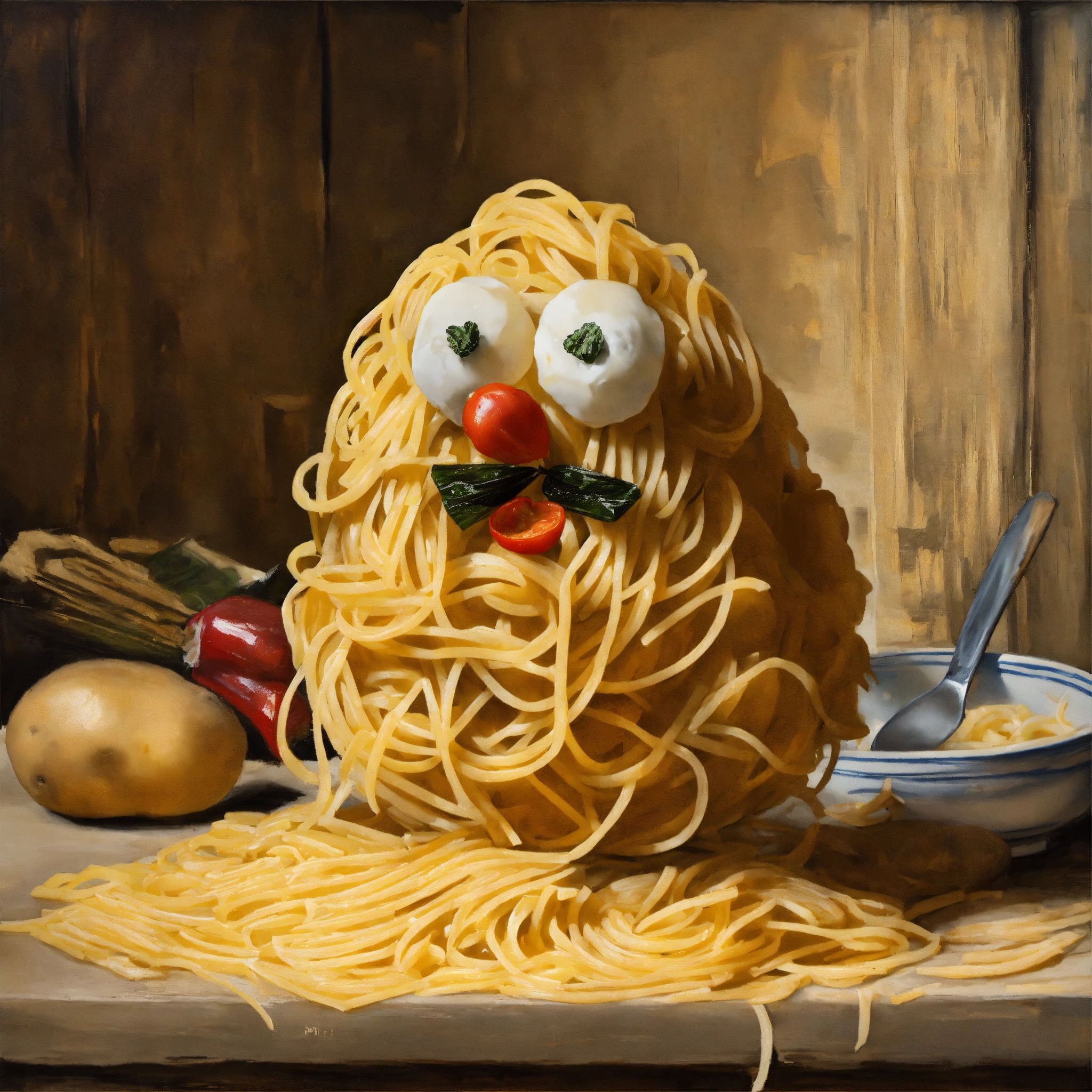 Lexica - A potato character cooking pasta as it was painted by picasso