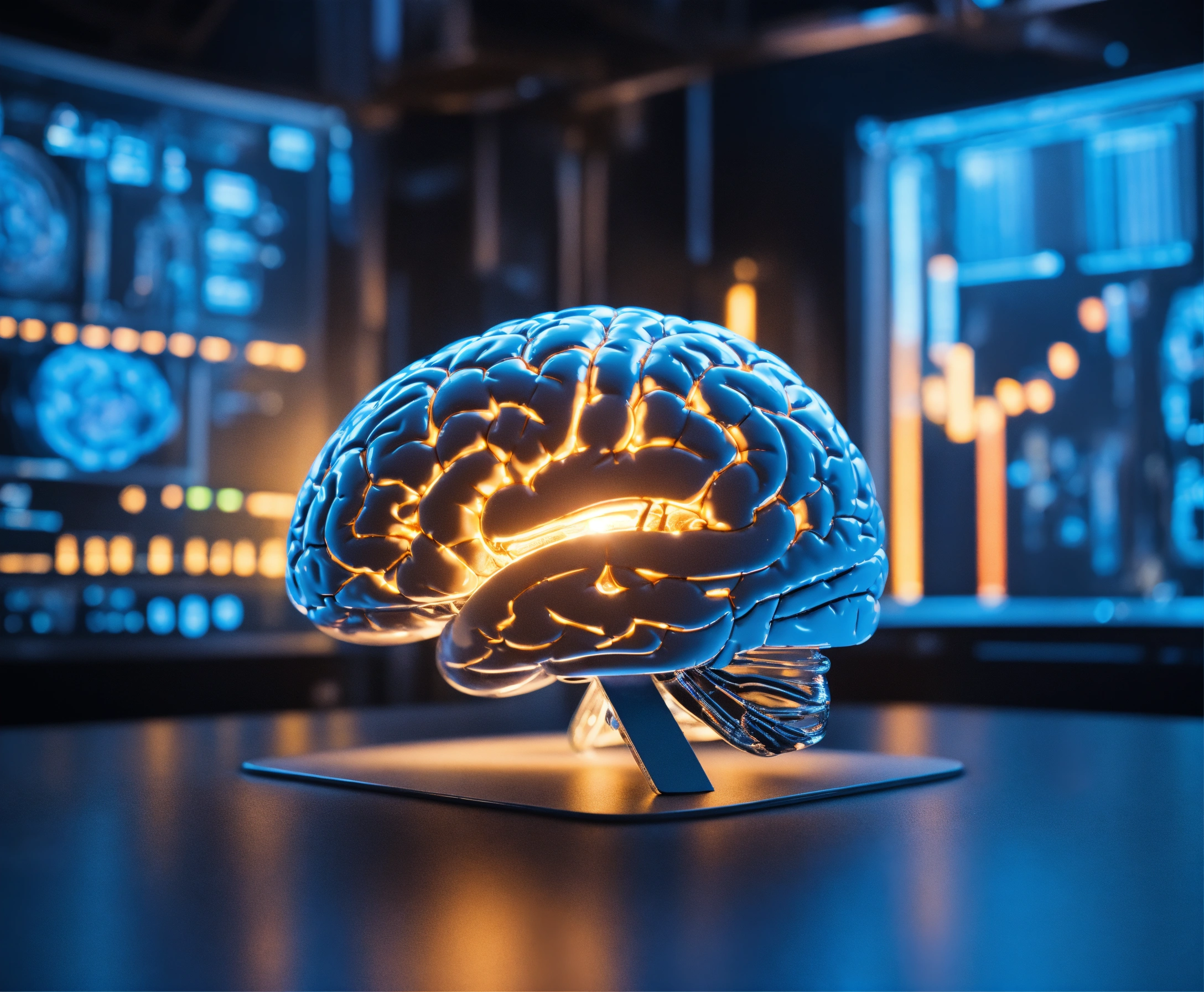 Lexica - "illuminated thought process", glowing brain center stage ...