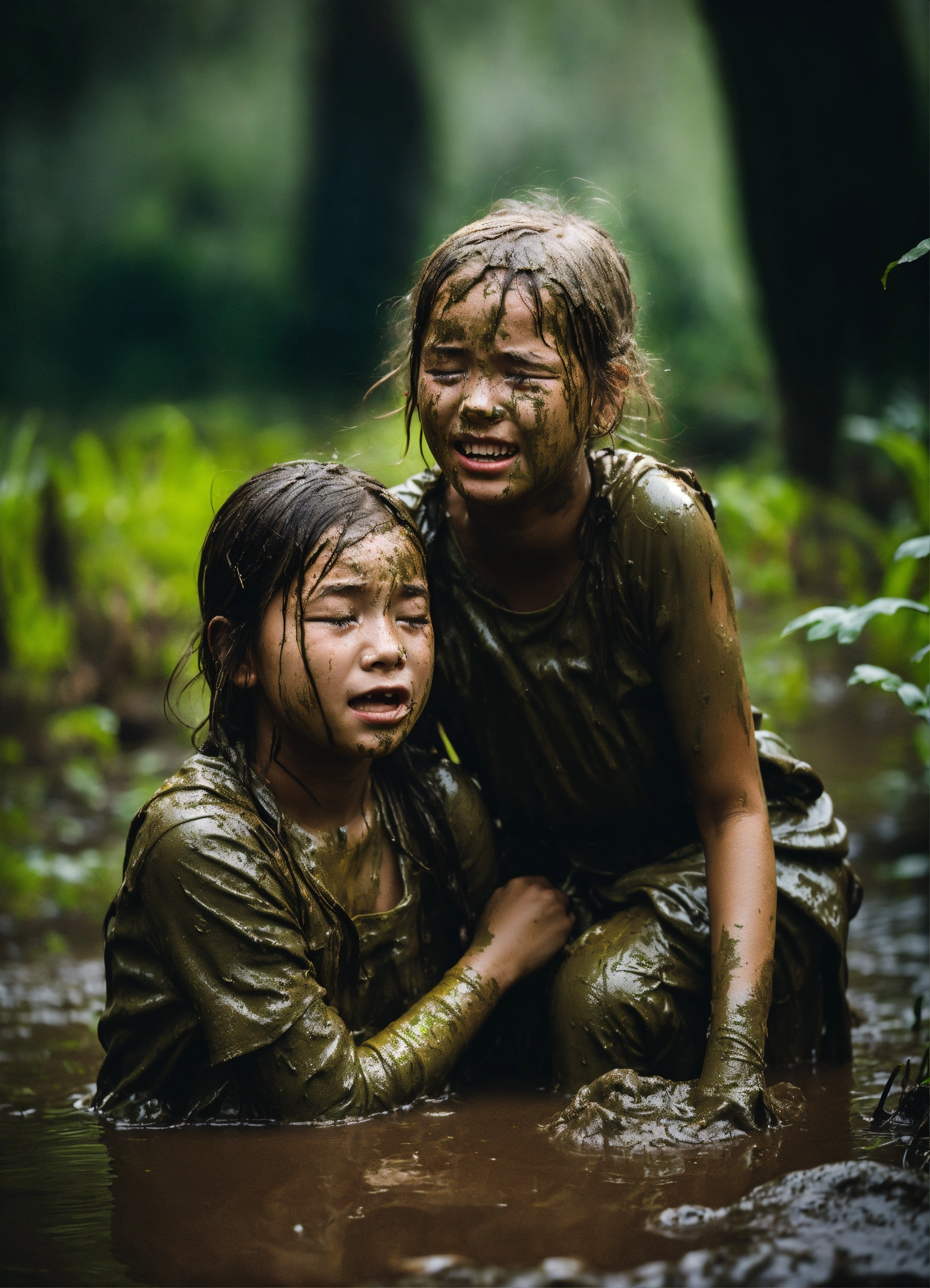 Lexica - 2girls, exhausted ,girl covered in mud, in a swamp, struggling ...