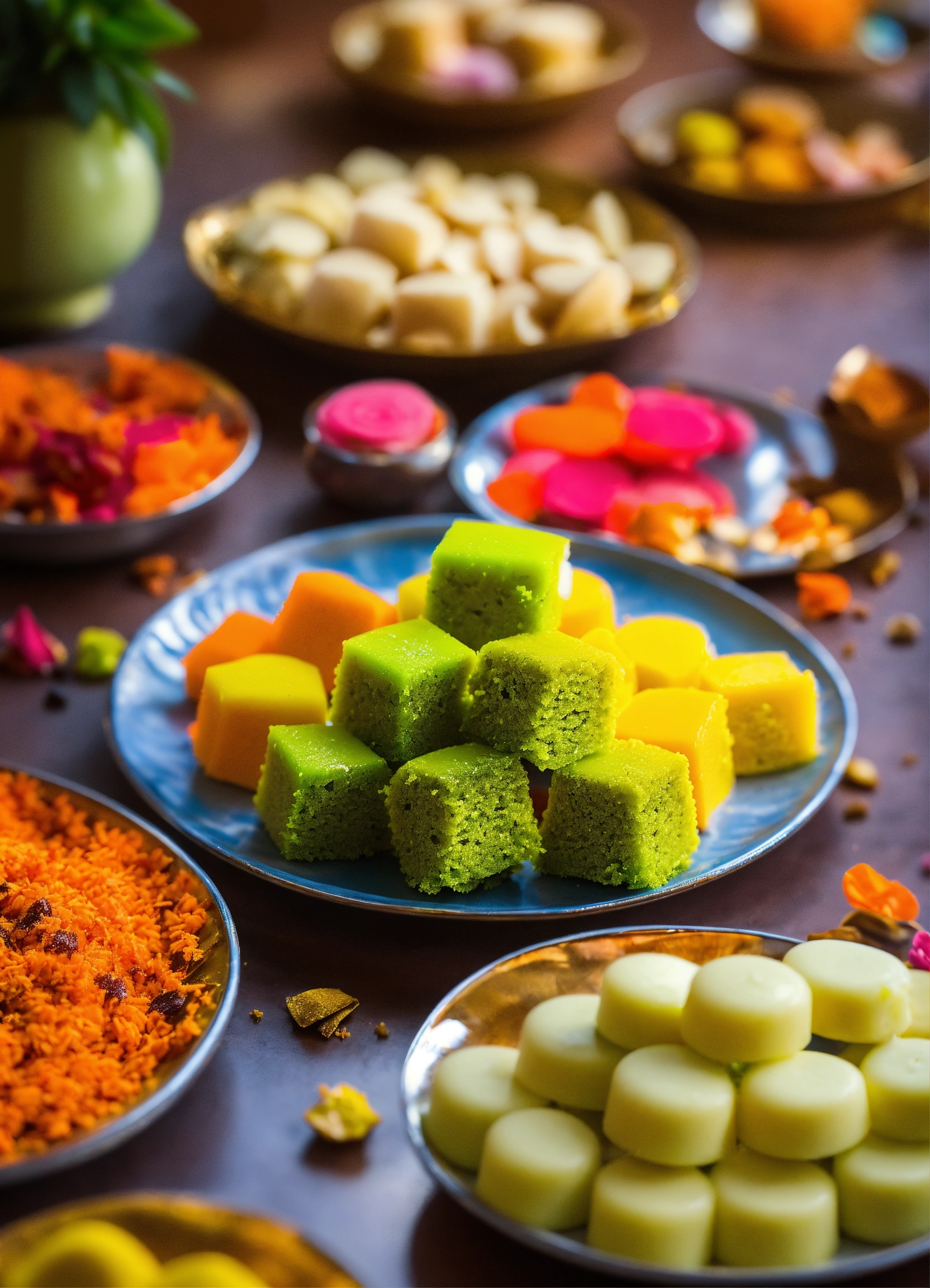 Lexica - A close-up photo of a variety of Gokul's sweets, arranged on a ...