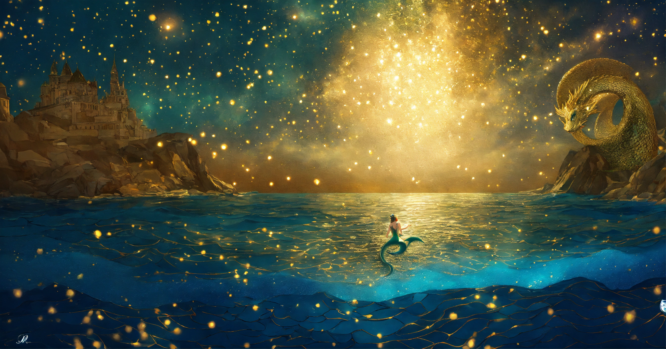 Lexica - Mythical creature, sea, dragon, mermaid, night grid, gold ...