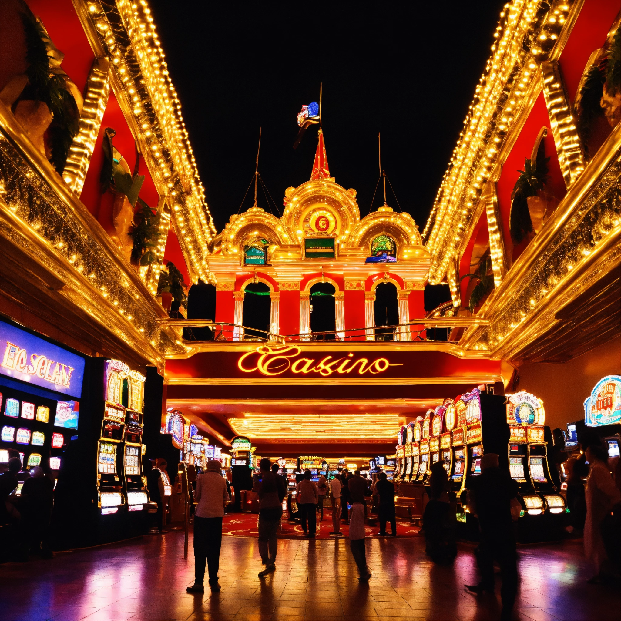 Lexica - A photo of a casino. The casino is brightly lit and has a ...