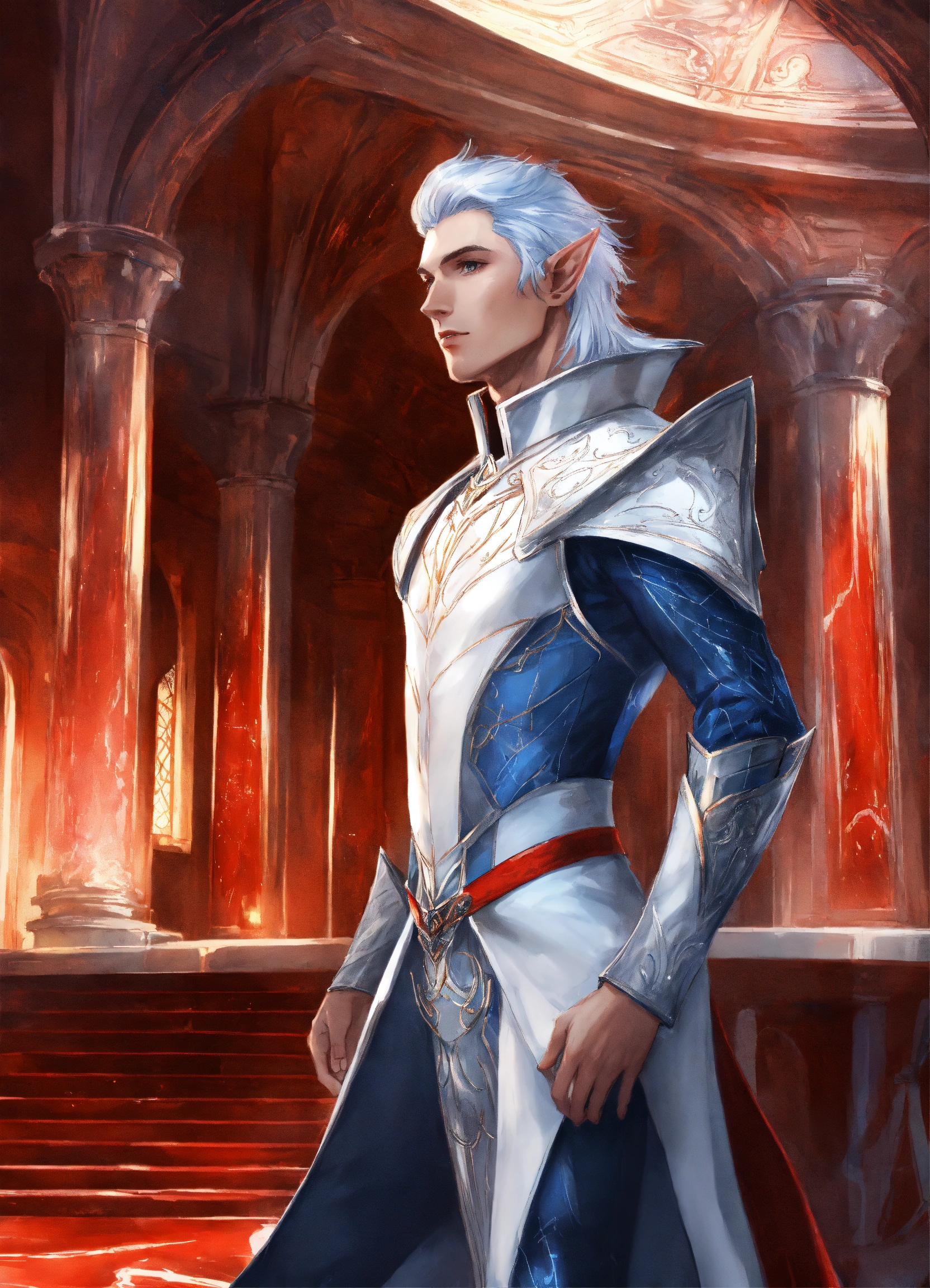 Lexica - Drawing of an elf, royalty, sci fi, cybernetic, white and red ...