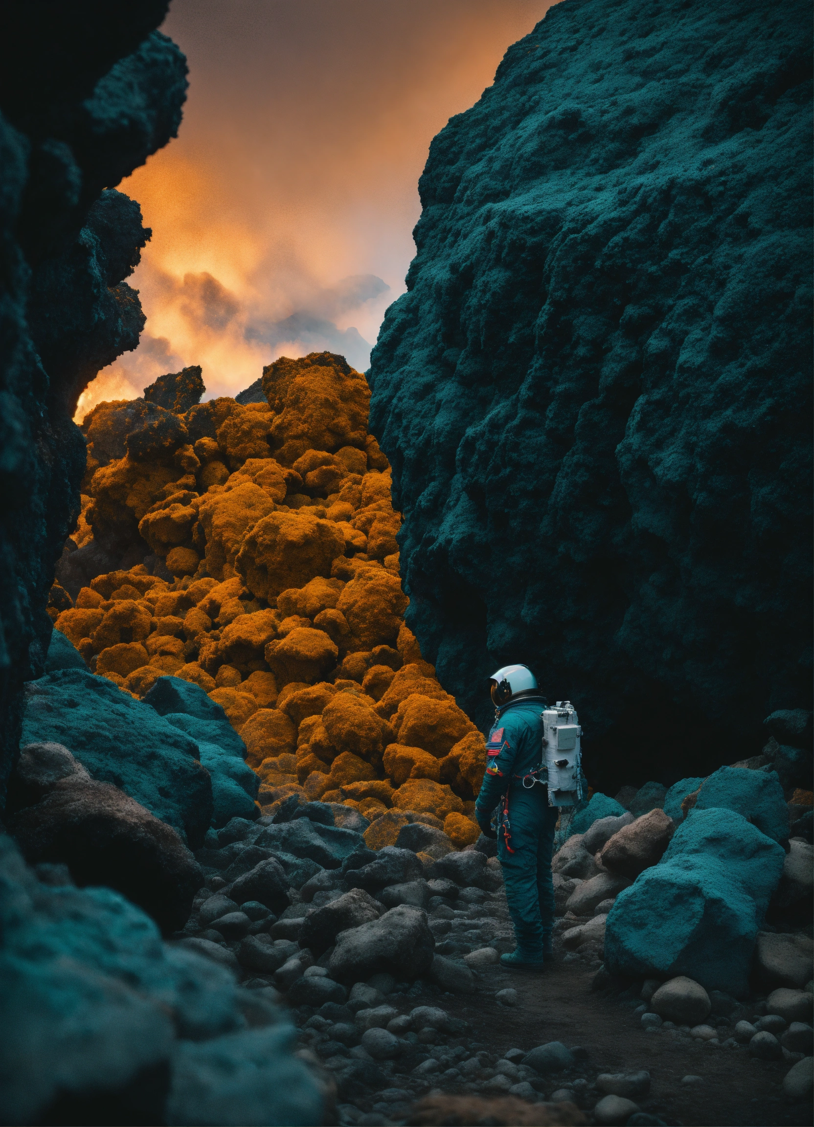 Lexica - An astronaut among the volcanic rocks, cold weather, dark teal ...