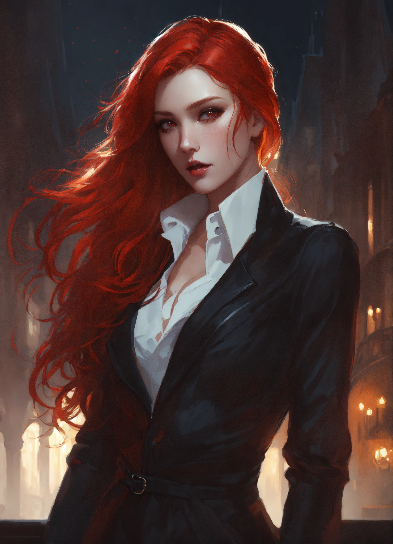 Lexica - Beautiful, red hair, vampire, long hair, black jacket, white ...
