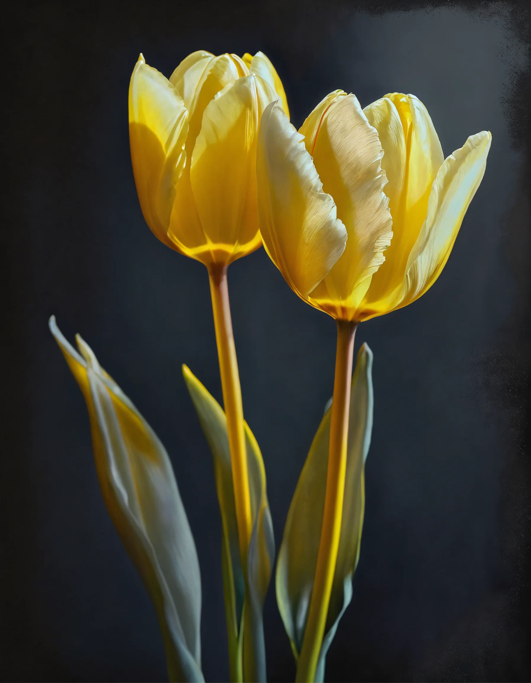 Lexica - Beautiful realistic light two tulip pastel yellow on a dark ...