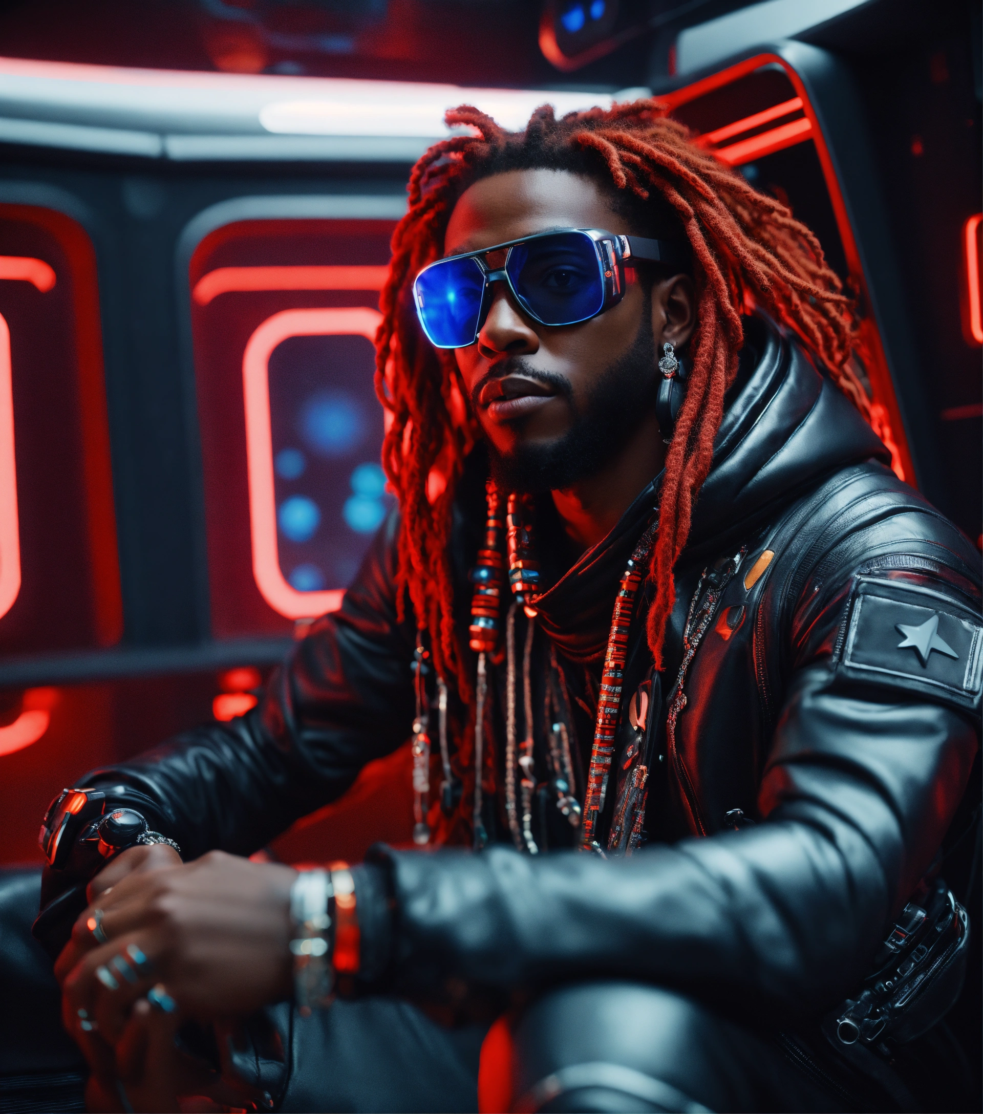 Lexica - Zoom out of a black male rockstar with AR glasses and red ...