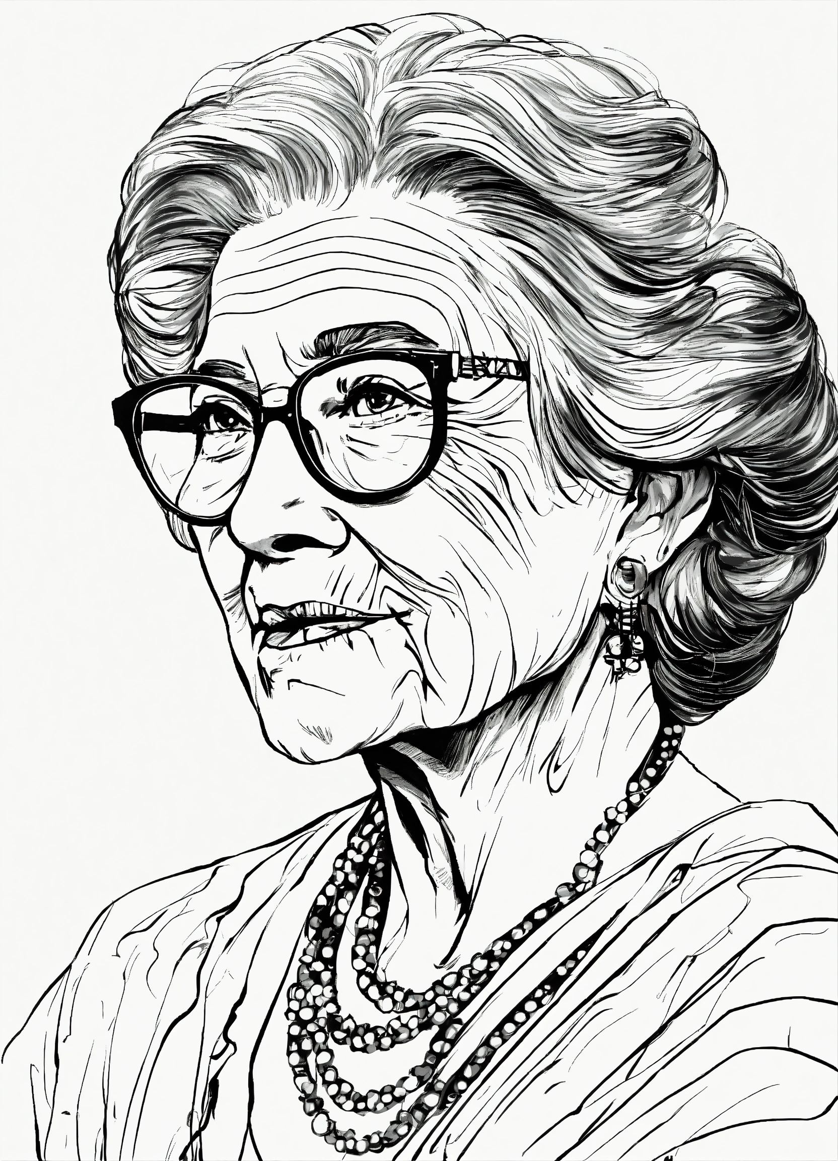 Lexica - Black and white bold line drawing, grandmother, glamorous ...