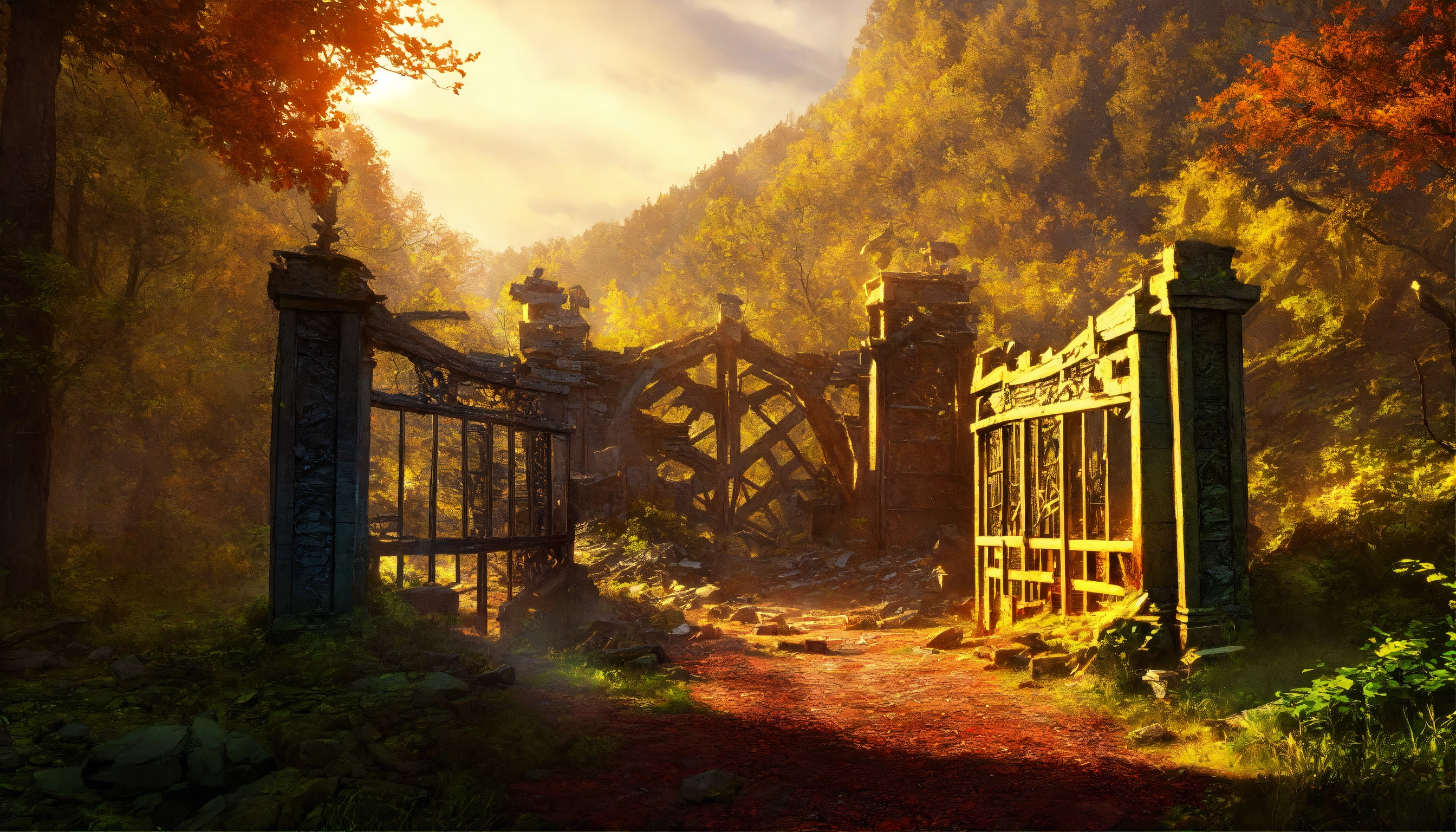 Lexica - Fantasy ransacked palisade gate with structural damage in a ...