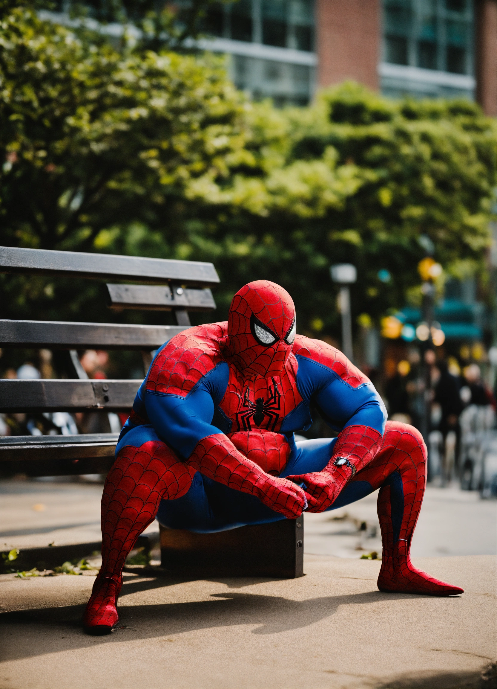 Lexica - Photography, spider-man being a sumo sitting on a bench ...