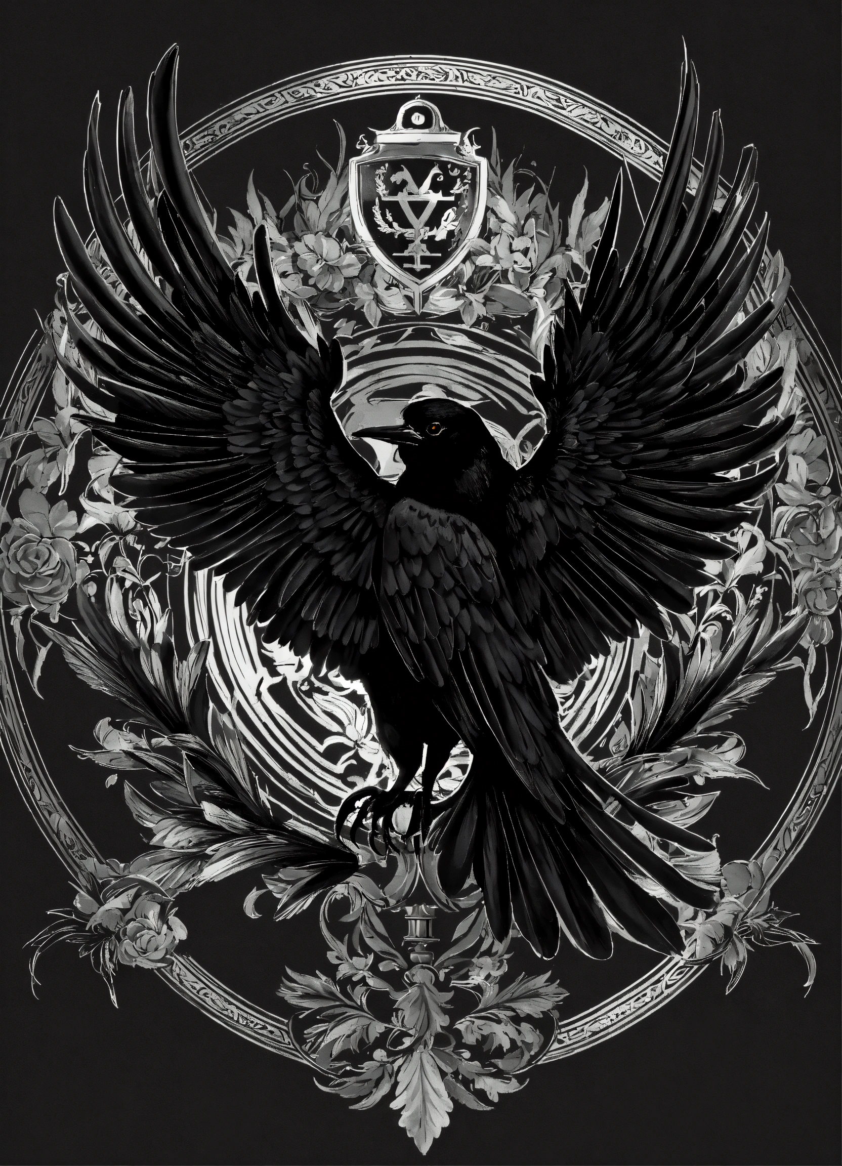 Lexica - Black crow, family crest, wings spread, black background ...