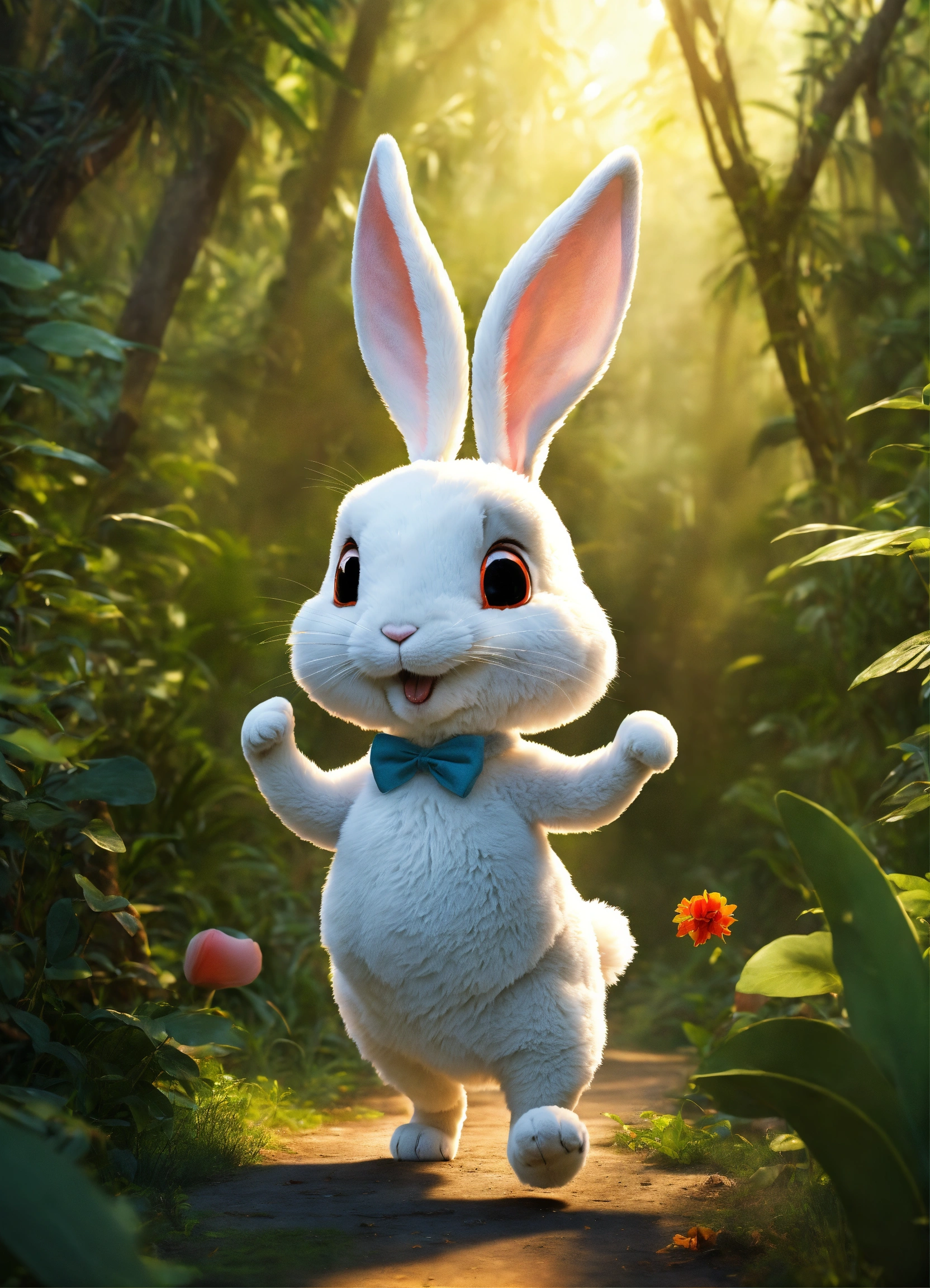 Lexica - Let cartoon big white rabbit walk on two legs in jungle