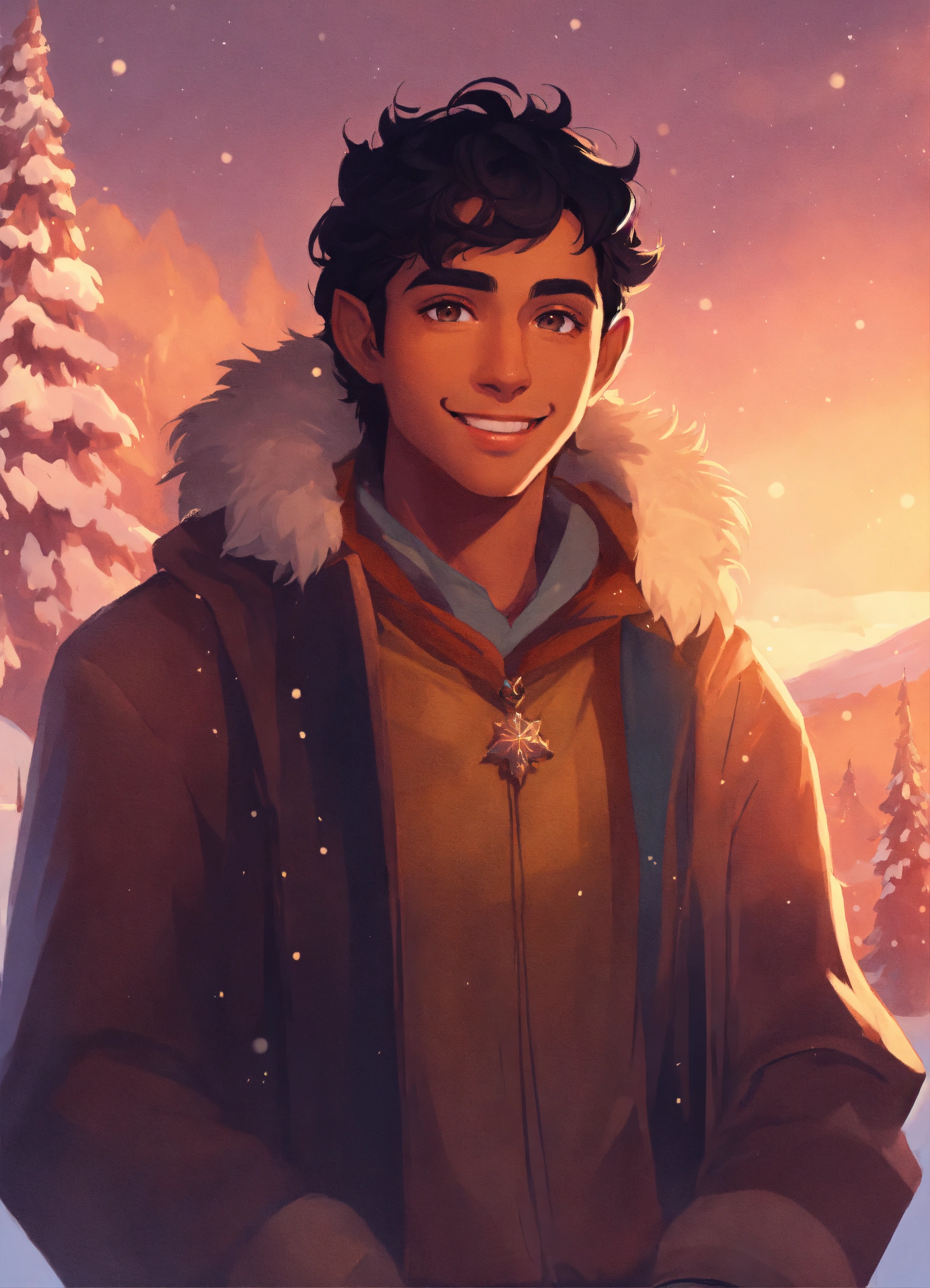 Lexica - 25 year old elf man, black hair, tan skin, hazel eyes, smile ...