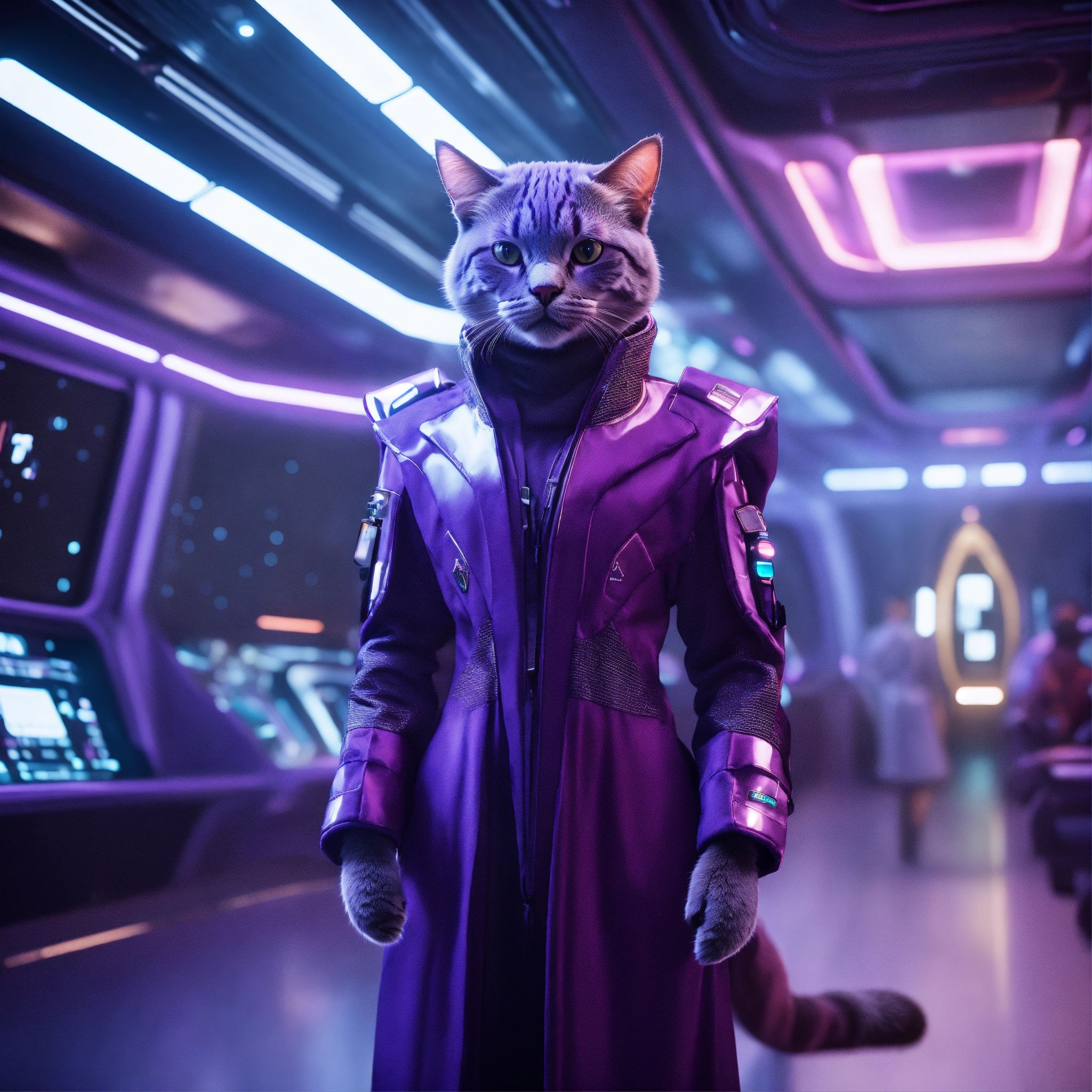 Lexica - Zoom out from a sophisticated purple cat faced humanoid ...