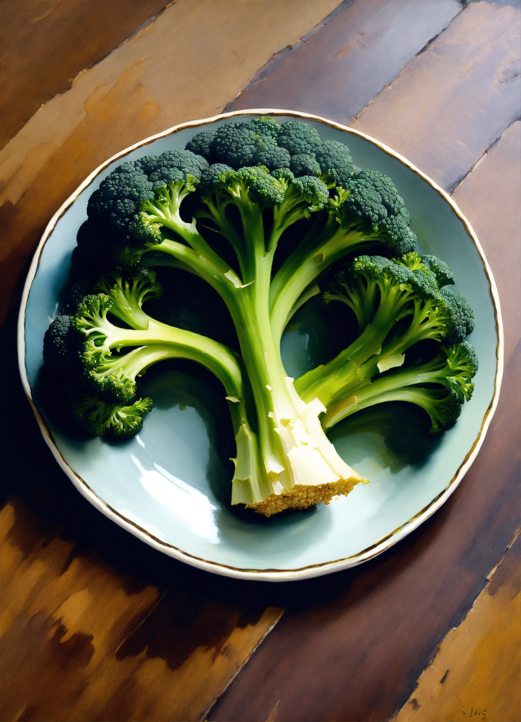 Lexica - Still life oil painting of broccoli on a plate, top down view ...